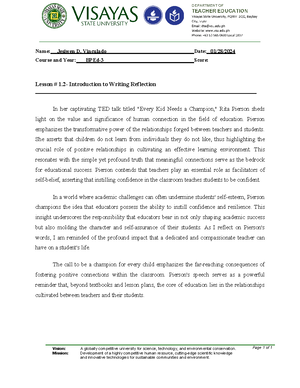 Reflection for the First Day - DEP ARTM ENT OF TEACHER EDUCATION Visayas State University, PQWV+ ...