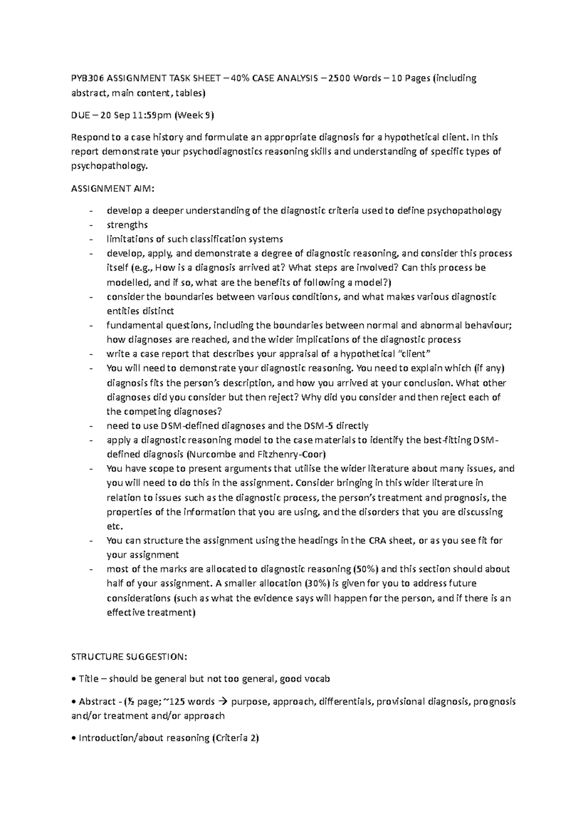 The Task Sheet for - PYB306 ASSIGNMENT TASK SHEET – 40% CASE ANALYSIS ...