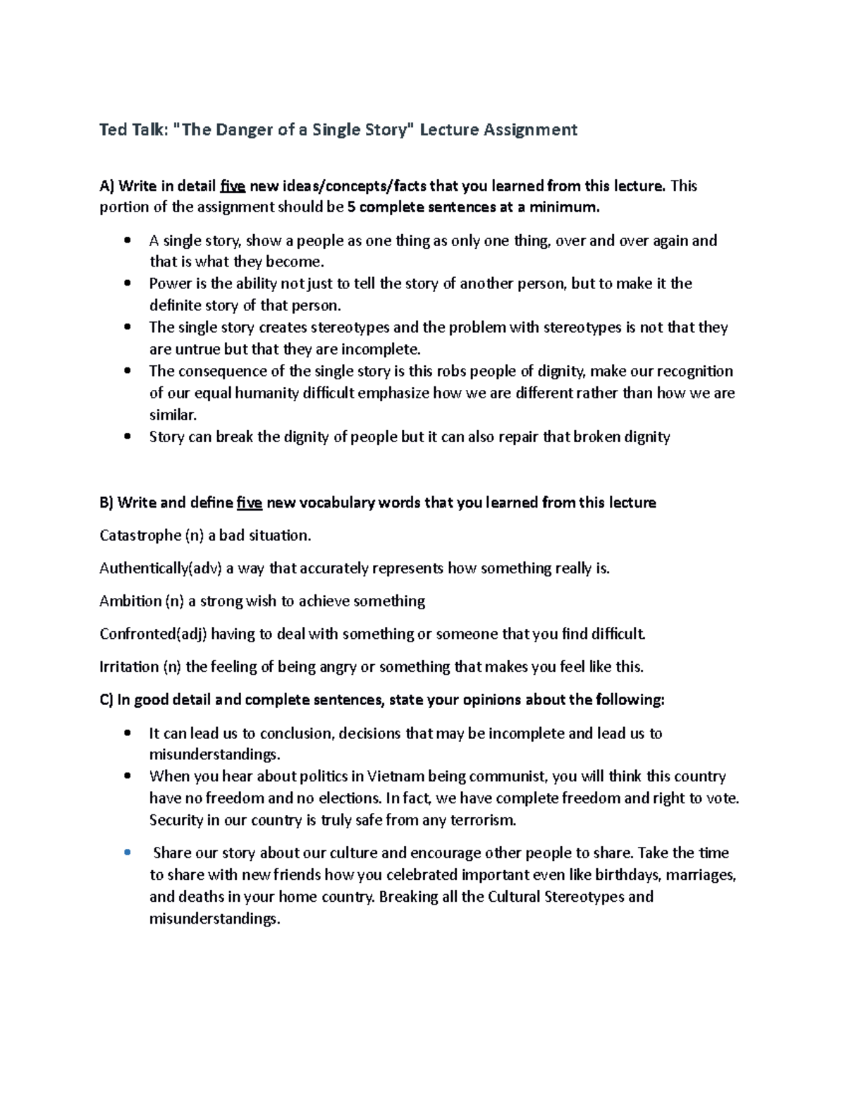 Ted Talk The Danger of a Single Story Lecture Assignment - Ted Talk ...