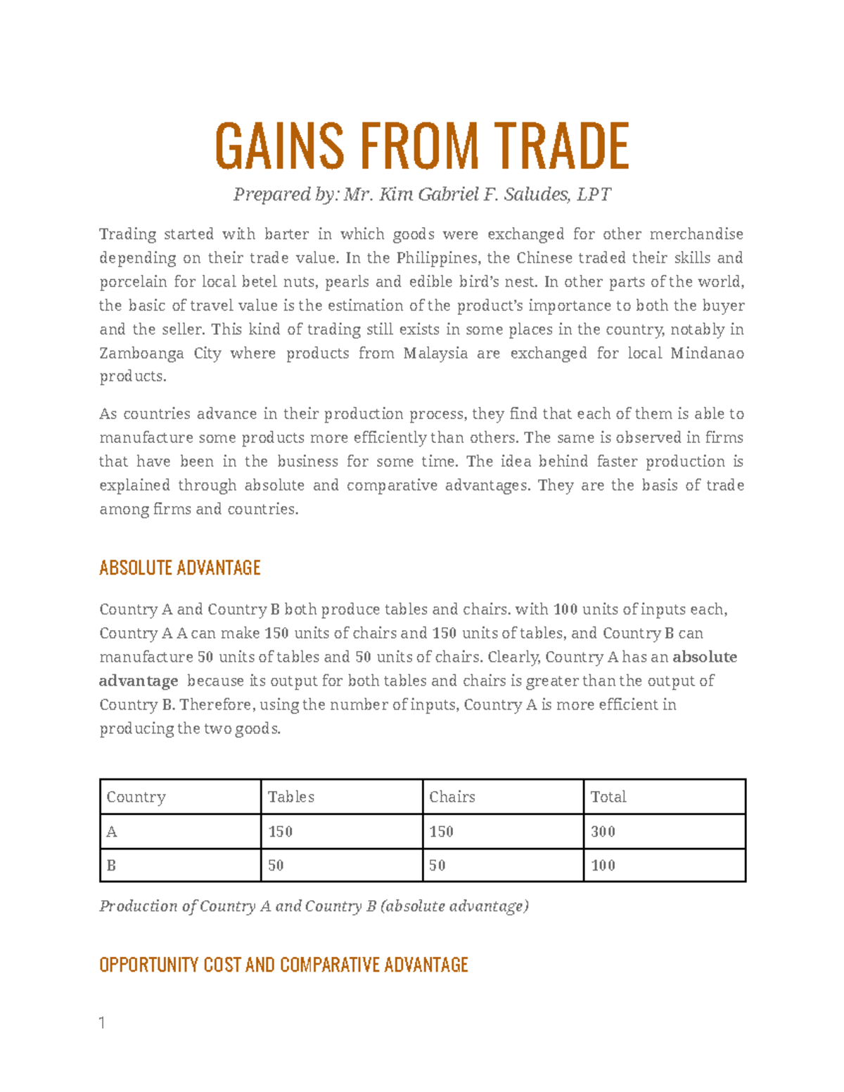 Lesson 3 (Gains from Trade) - GAINS FROM TRADE Prepared by: Mr. Kim ...