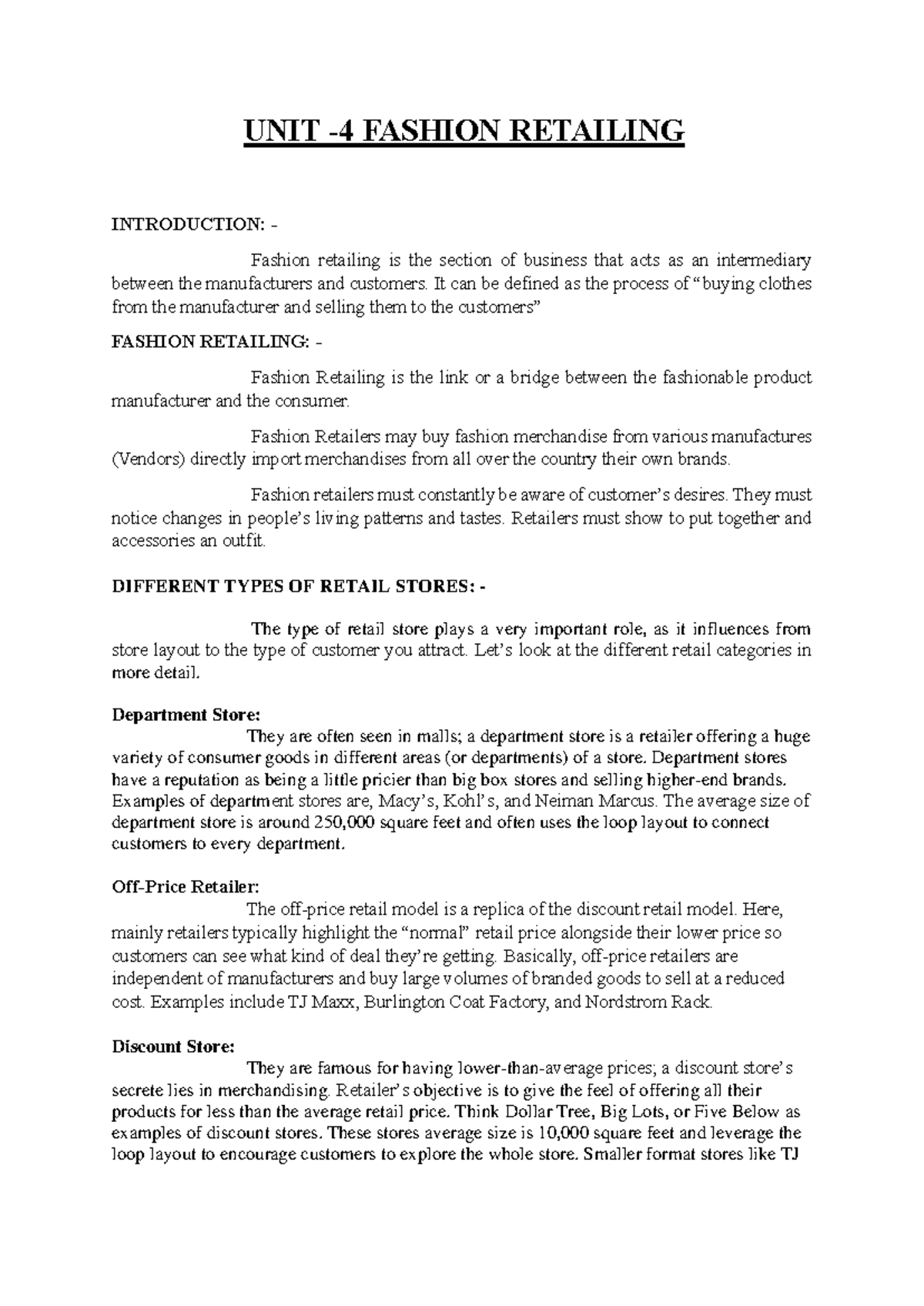 UNIT 4 fashion retailing pdf - UNIT - 4 FASHION RETAILING INTRODUCTION: - Fashion retailing is ...