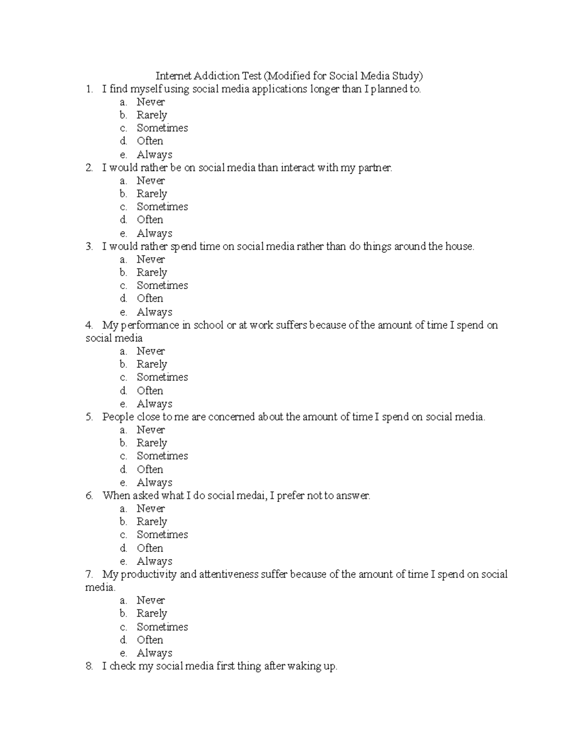 Internet Addiction Test for Social Media Study - Studocu