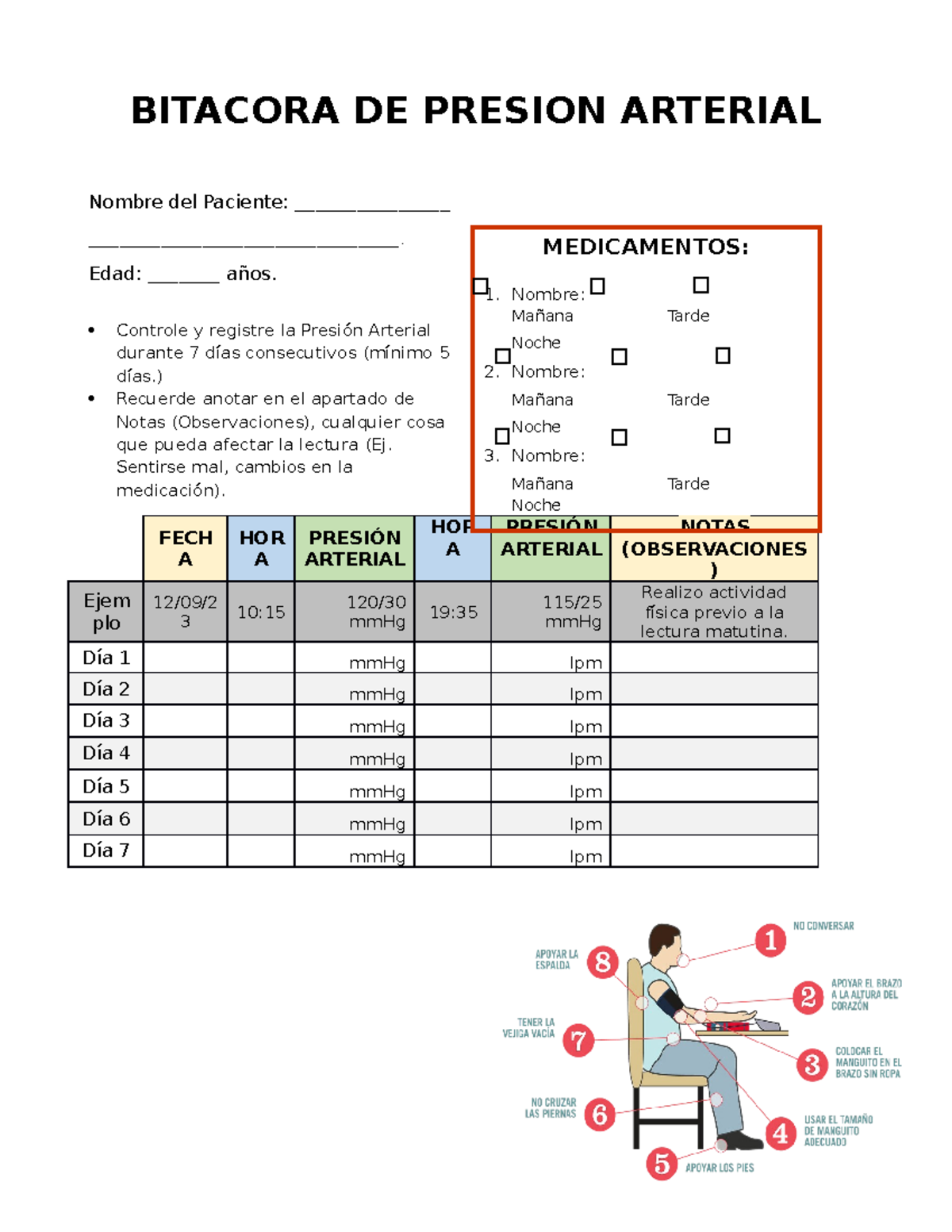 Bitacora Tension Arterial - BITACORA DE PRESION ARTERIAL Nombre del Paciente ...