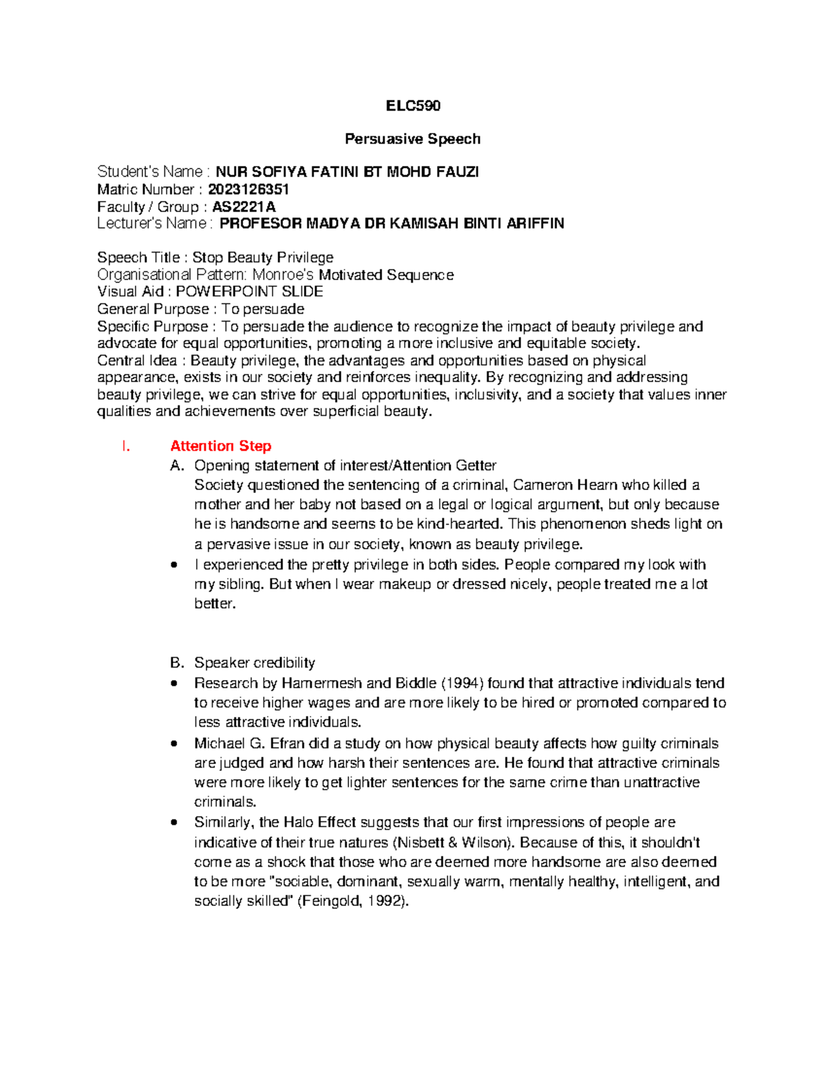Stop Beauty Privilege - ELC Persuasive Speech Student’s Name : NUR ...