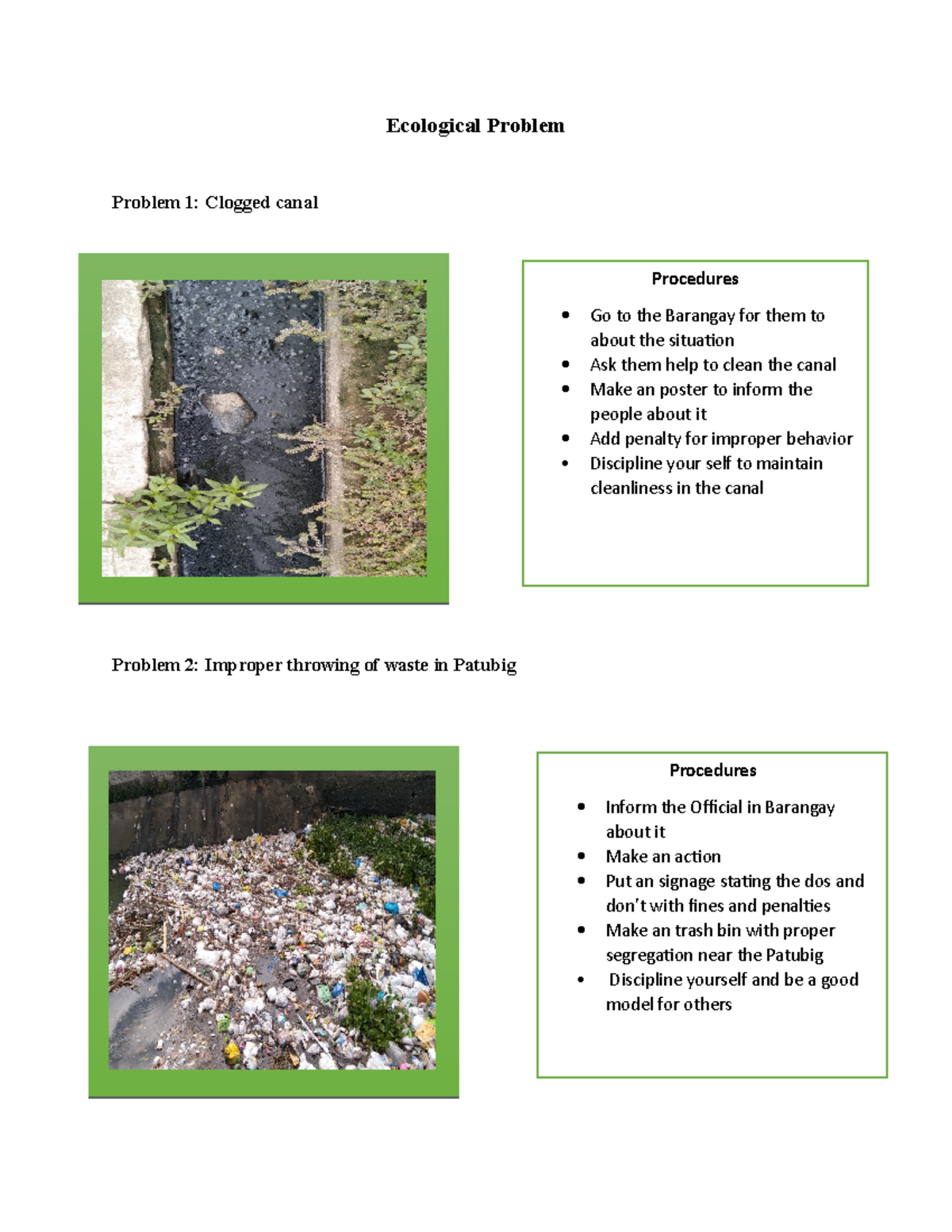 Ecological Problem - .... - Ecological Problem Problem 1: Clogged canal ...
