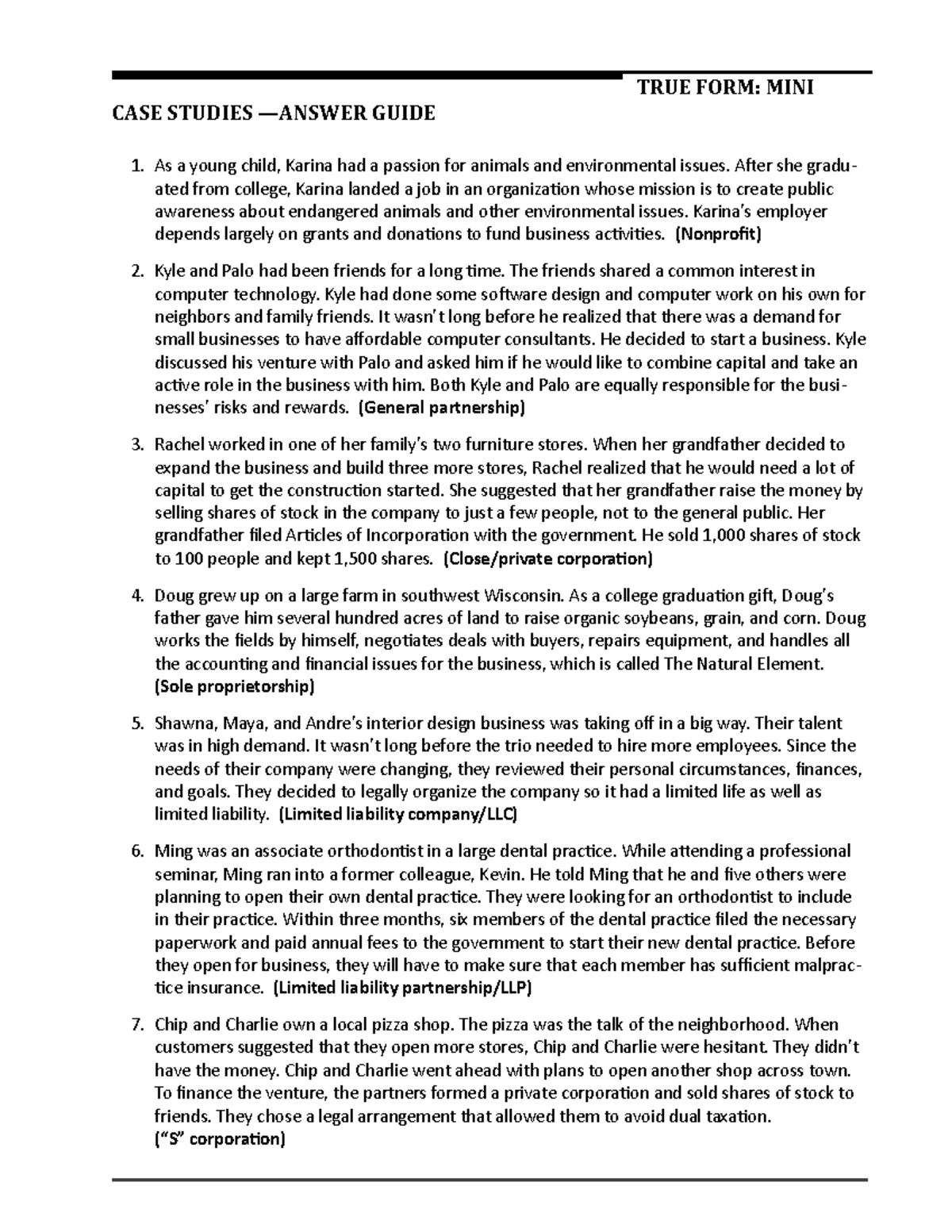 True Form Activity Answer Guide TRUE FORM MINI CASE STUDIES ANSWER