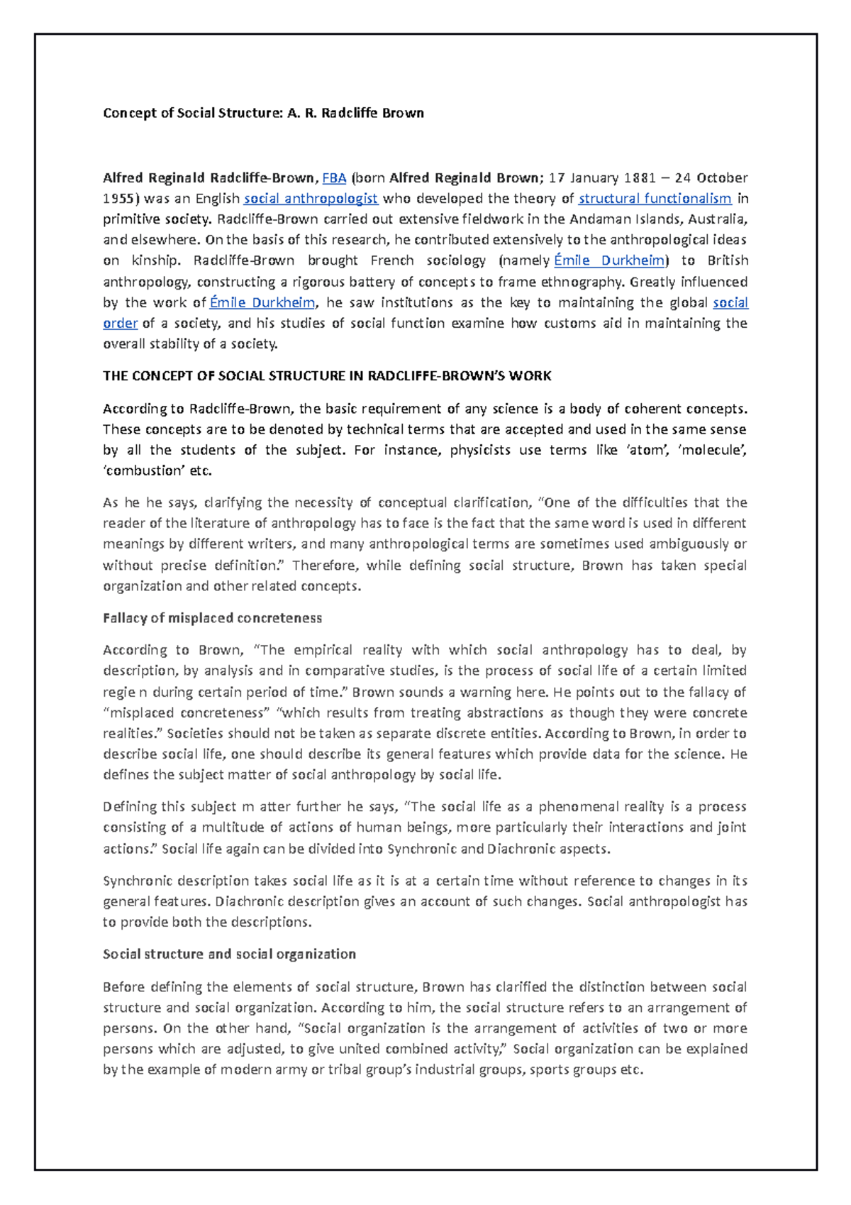 Unit 2 Structural Functionalism - Concept of Social Structure: A. R ...