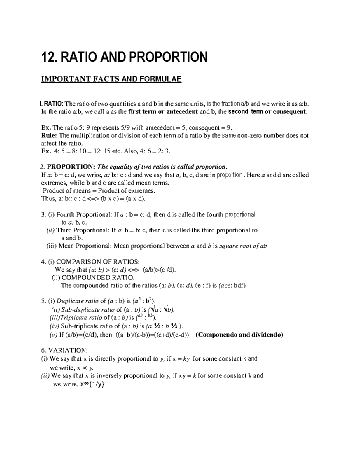 Important formulas on partnership and ratio&proportion - 12. RATIO AND ...