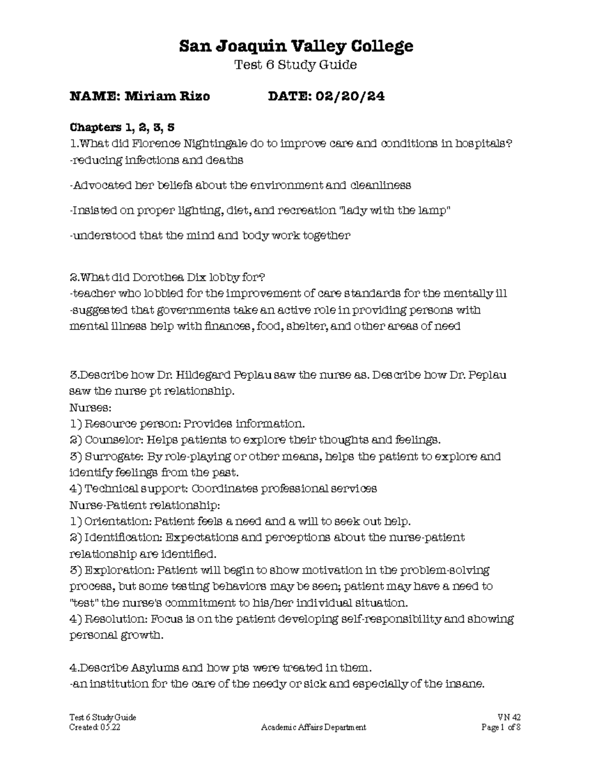 VN42 SG 6 - Test 6 Study Guide NAME: Miriam Rizo DATE: 02/20/ Chapters ...
