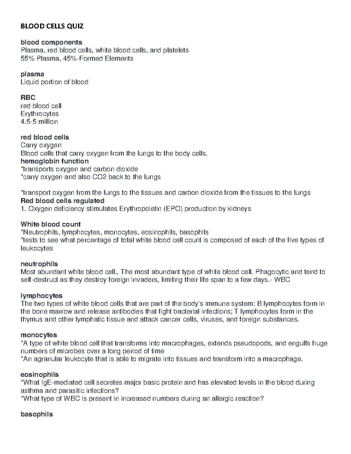 Blood Cells QUIZ - BLOOD CELLS QUIZ blood components Plasma, red blood ...