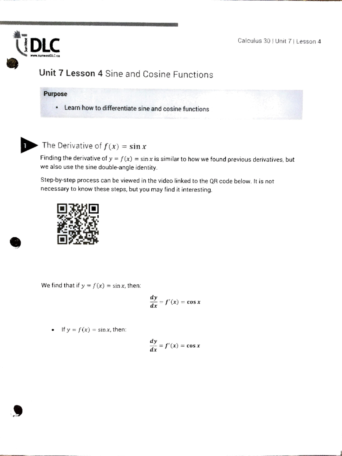 Calculus 30 sine and cosine functions - Unit 7Les son 4 Sine and Cosine ...