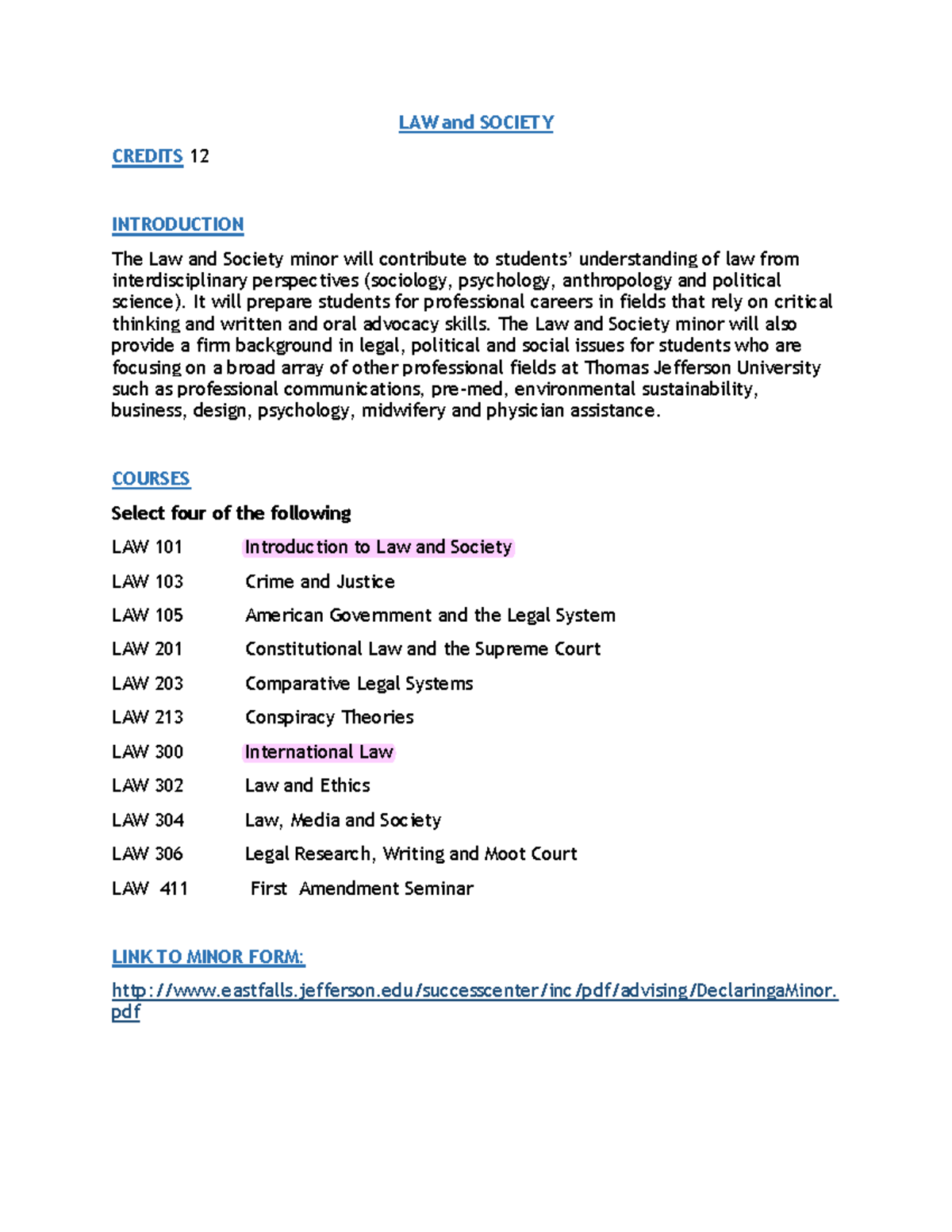 Law and Society Minor - courses - LAW and SOCIETY CREDITS 12 ...