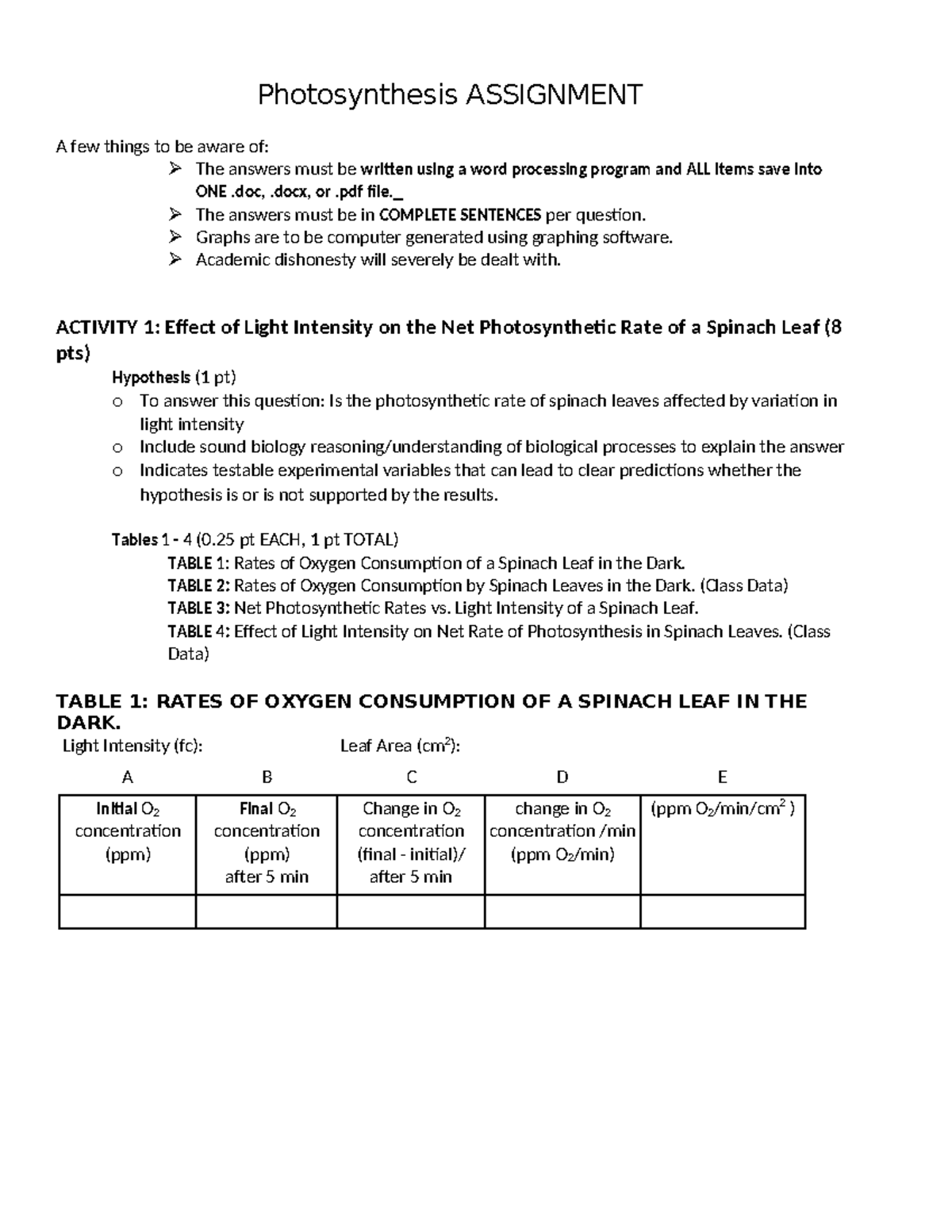 Photosynthesis assignment - Photosynthesis ASSIGNMENT A few things to ...