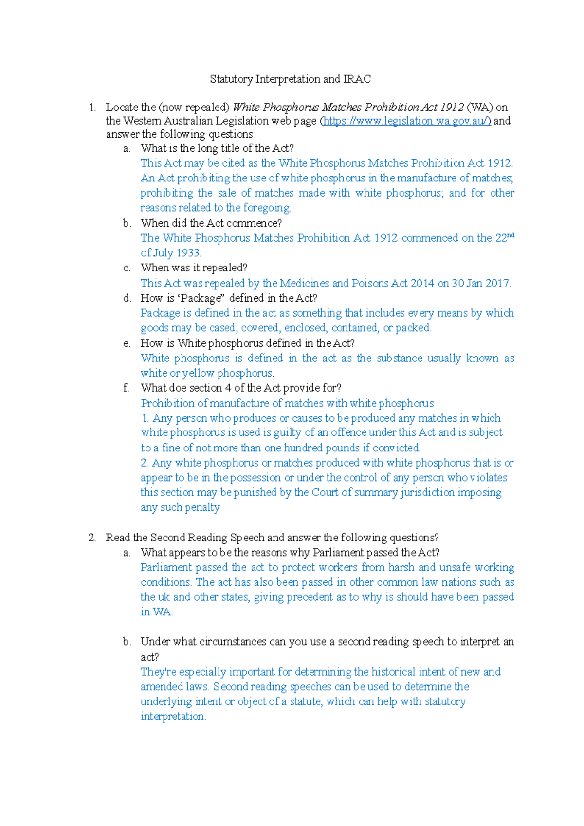 2022 Tutorial Exercise 2 (week 3) with Second Reading Speach - Statutory Interpretation and IRAC ...