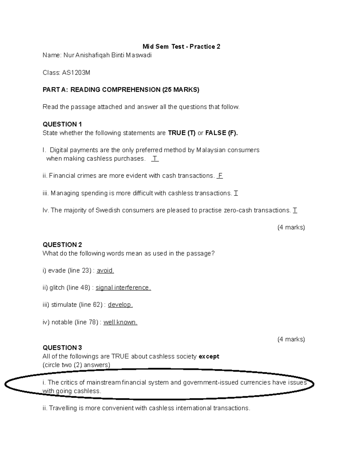 - Mid Semester Test - Practice 2 - Mid Sem Test - Practice 2 Name: Nur ...