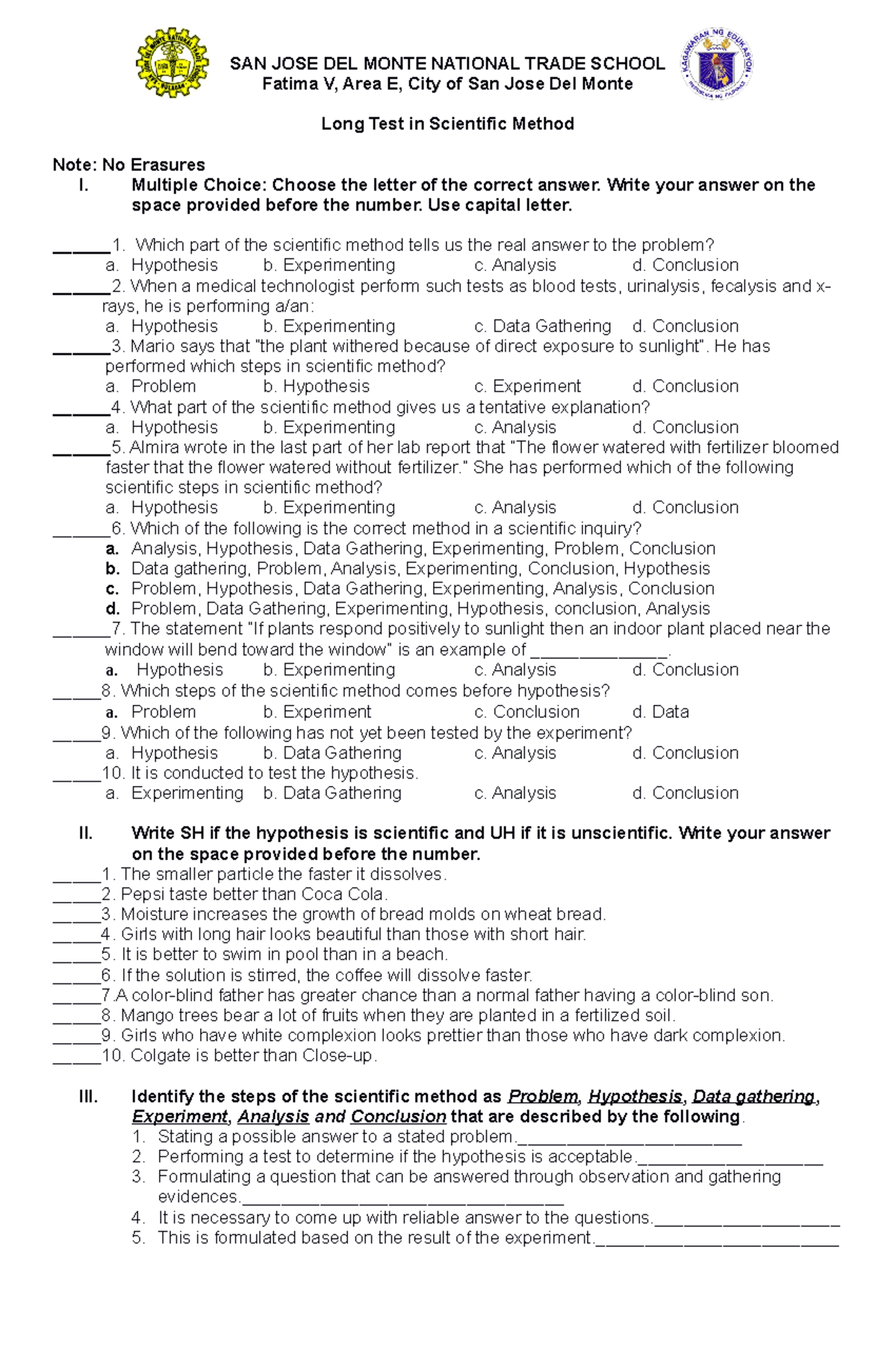 Long test scientific method - SAN JOSE DEL MONTE NATIONAL TRADE SCHOOL ...