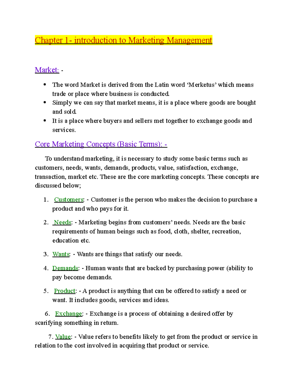 Chapter 1- introduction to marketing management - Studocu