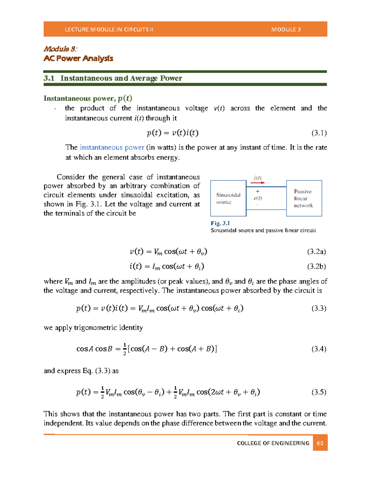 ECE 425 - Electrical Circuits 2 - Module 3 - Module 3 : AC Power Analysis 3 Instantaneous and ...