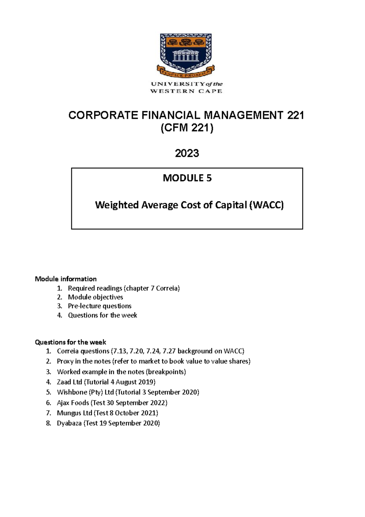CFM 221 2023 WACC Cost of Capital notes - CORPORATE FINANCIAL ...