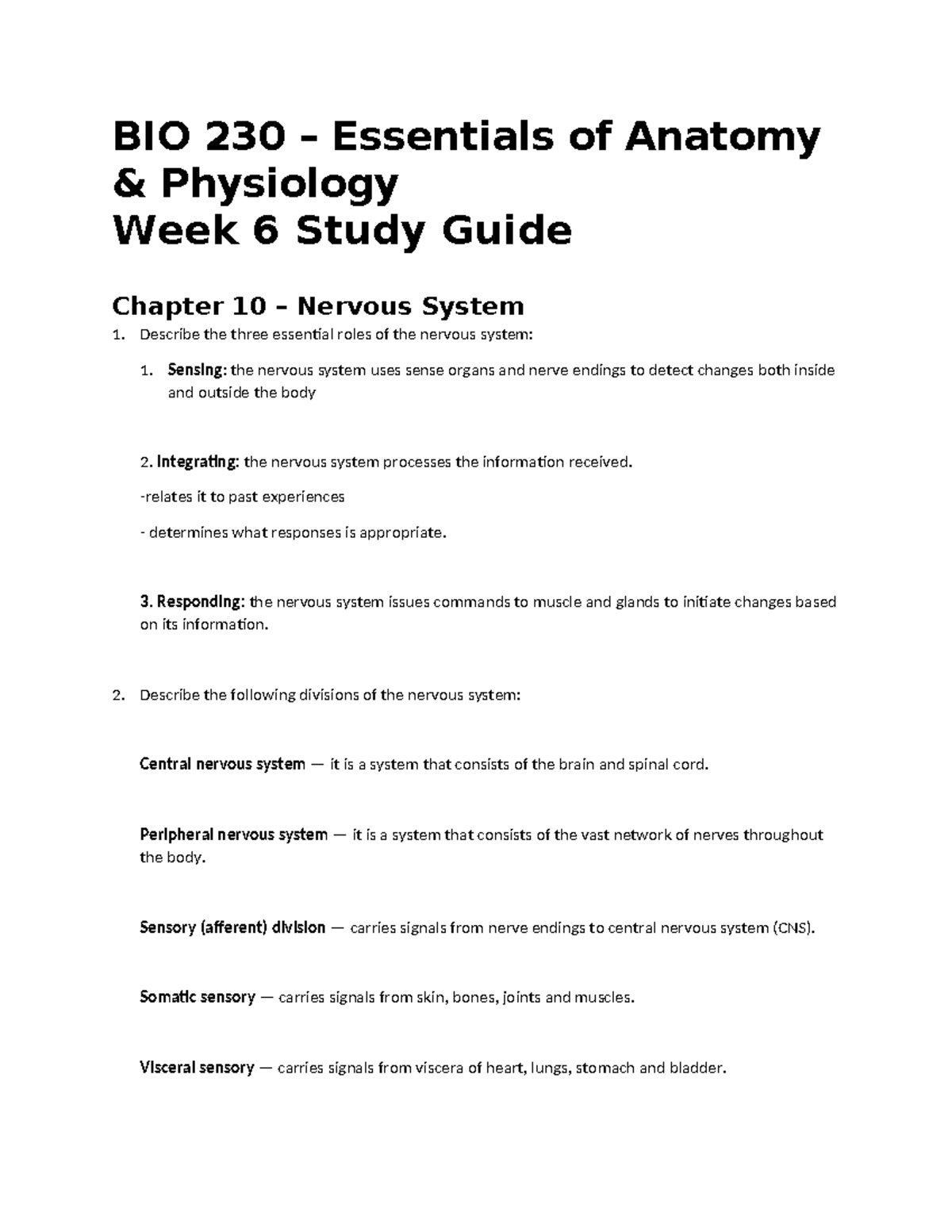 Bio230 document w06Study Guide - BIO 230 – Essentials of Anatomy ...
