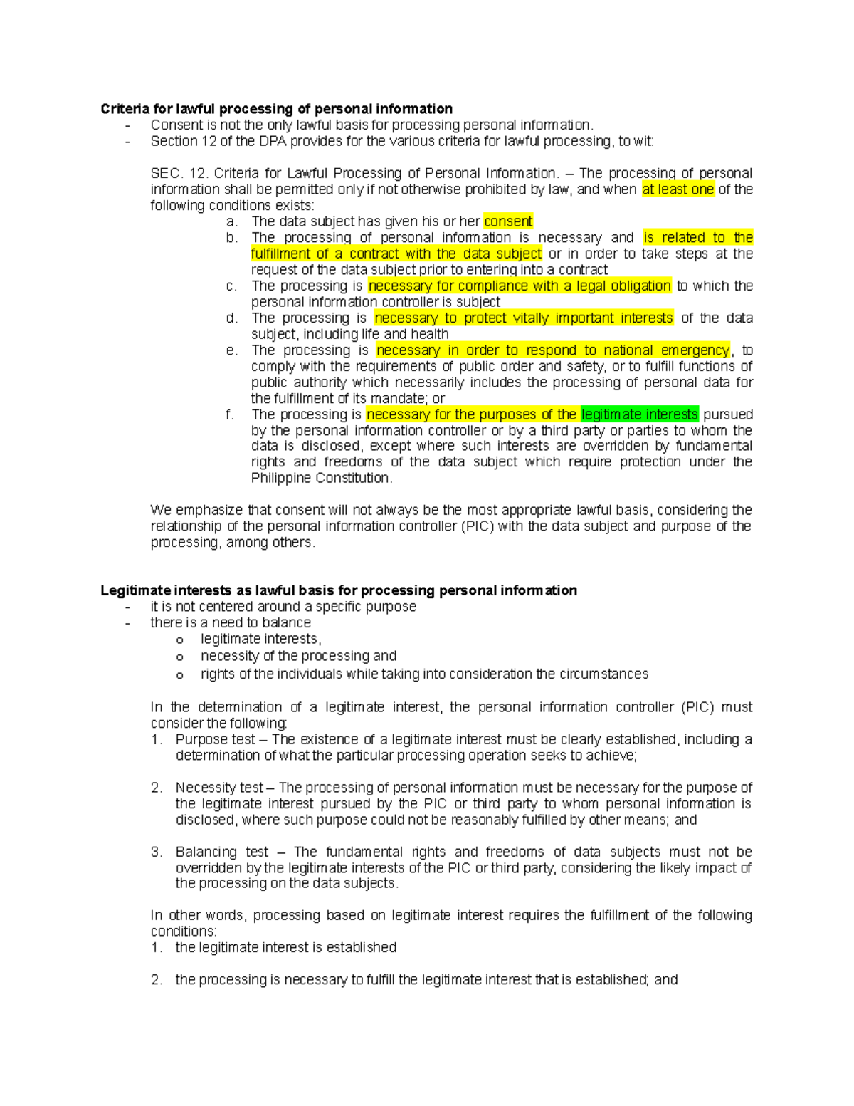 Criteria for lawful processing of personal information - Section 12 of ...