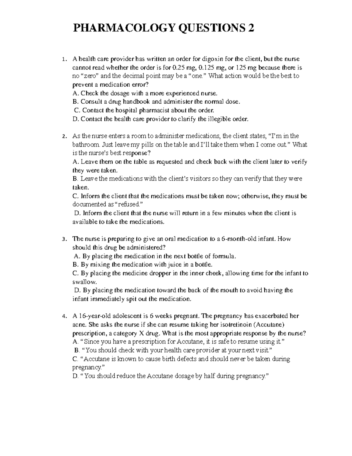 Pharmacology Questions 2 - PHARMACOLOGY QUESTIONS 2 A health care ...