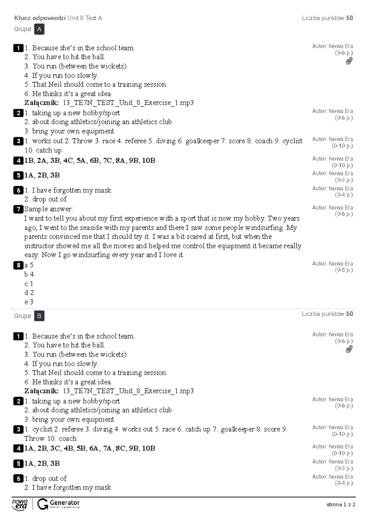 Unit 8 Test A Klucz odpowiedzi - strona 1 z 2 Klucz odpowiedzi Unit 8 ...