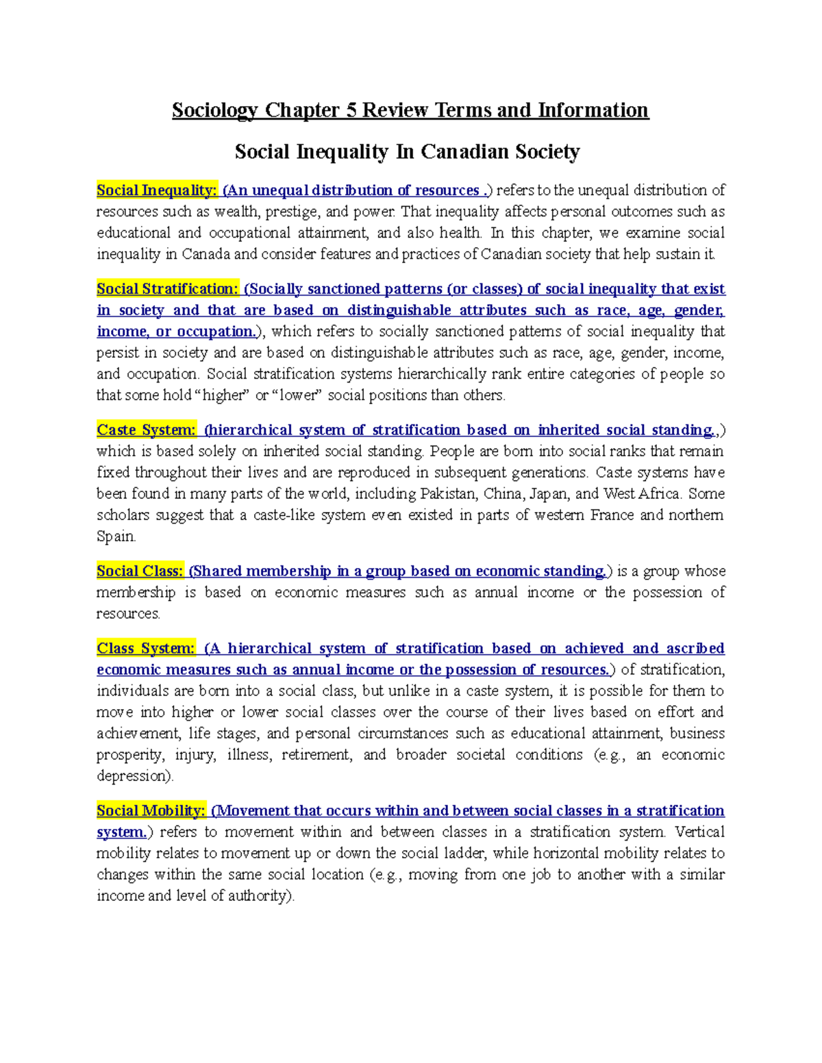Sociology Chapter 5 Review Terms and Information - Sociology Chapter 5 ...