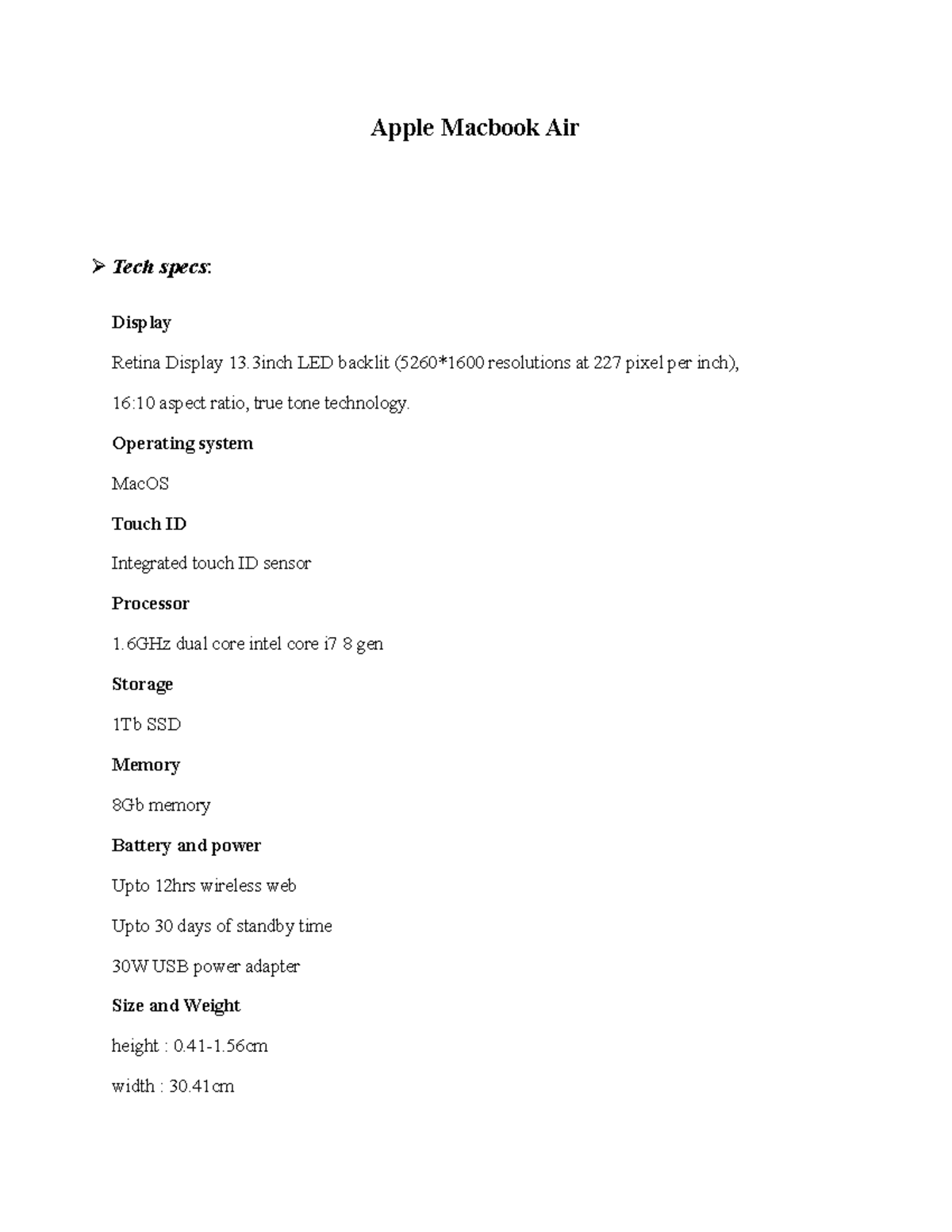 Technical assignment - Apple Macbook Air Tech specs : Display Retina ...