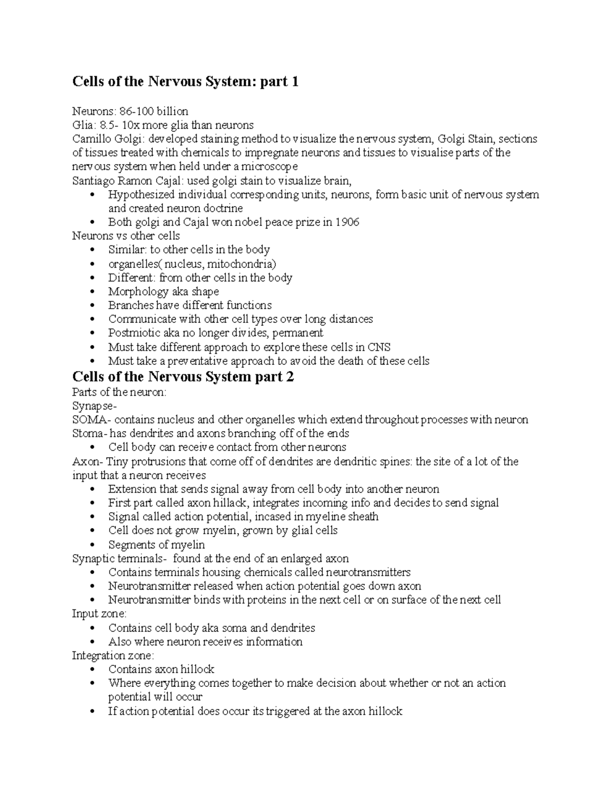 PSB 2000 module 2 notes - Cells of the Nervous System: part 1 Neurons ...