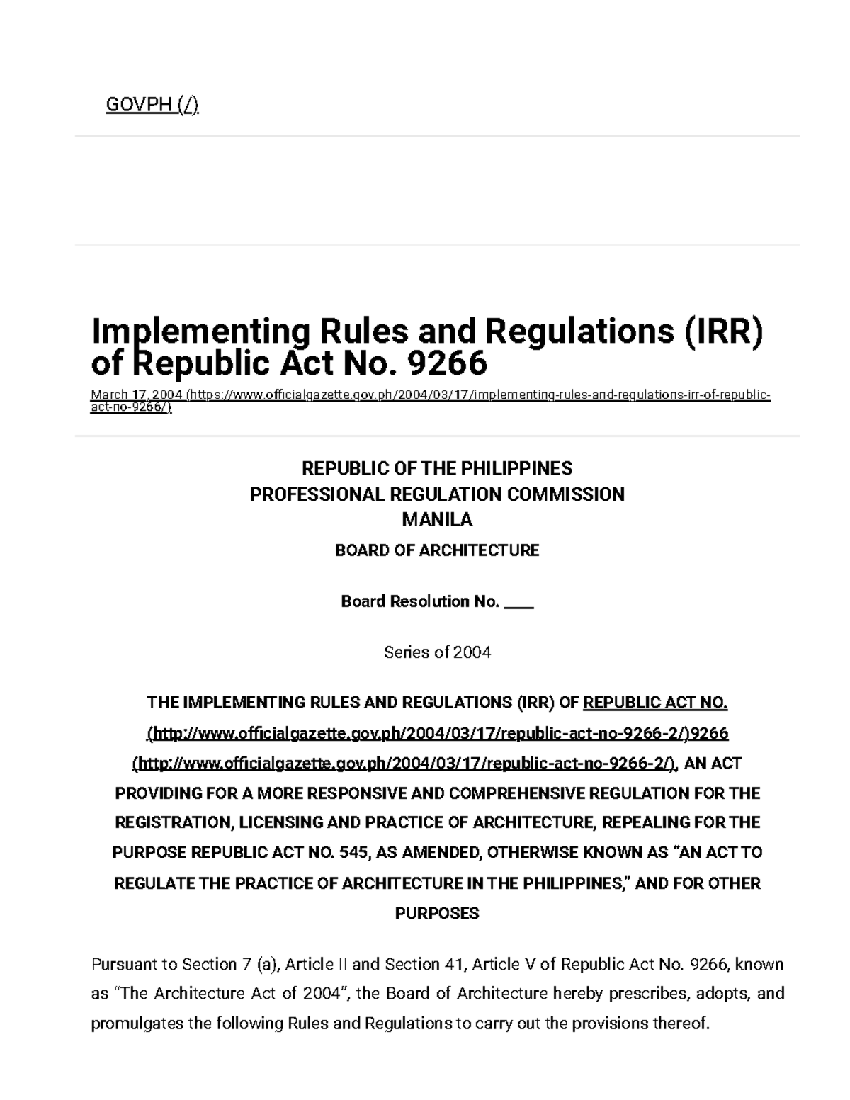 RA-9266 The-Architecture-Act-of-2004 IRR - Implementing Rules and ...