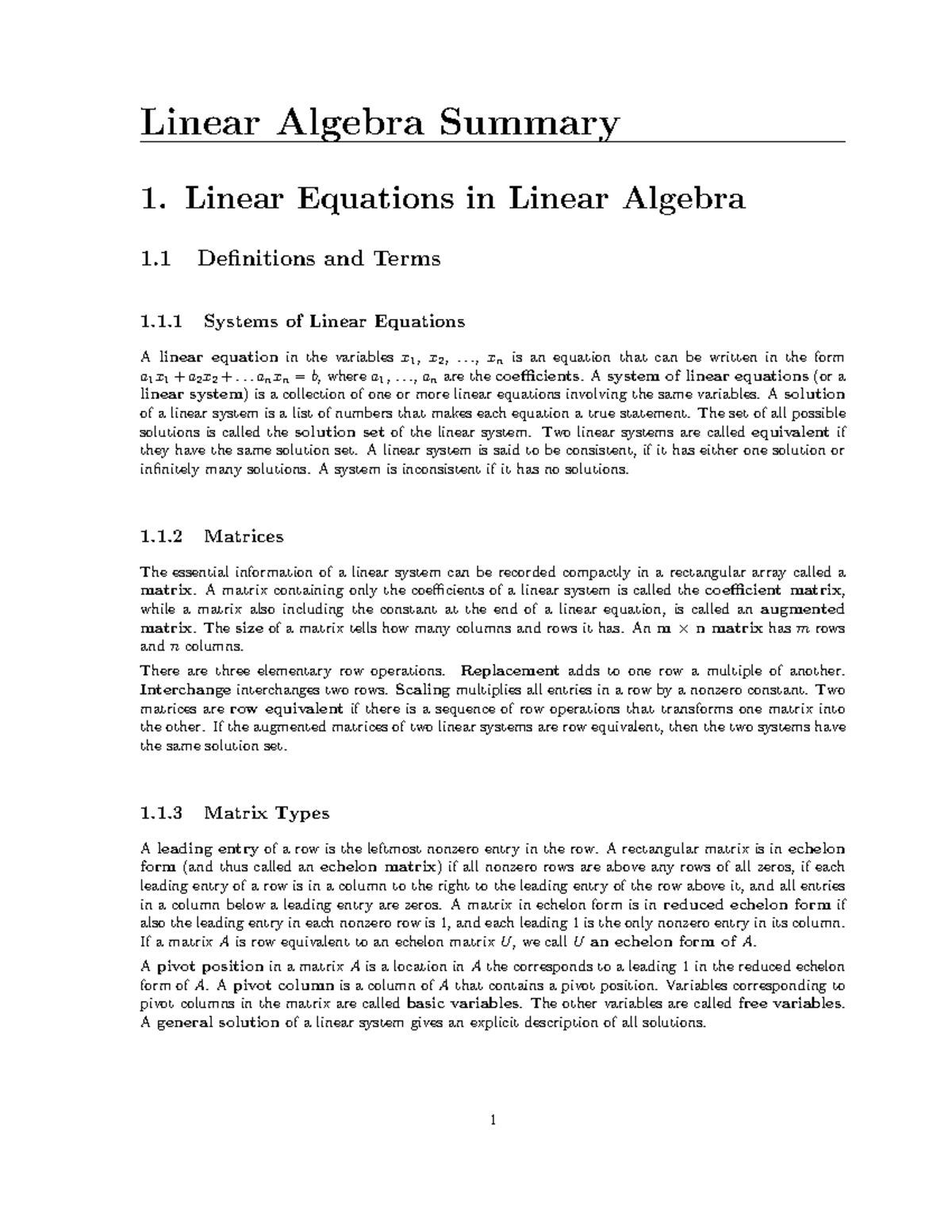 Complete summary of Linear Algebra - Linear Algebra Summary 1. Linear ...