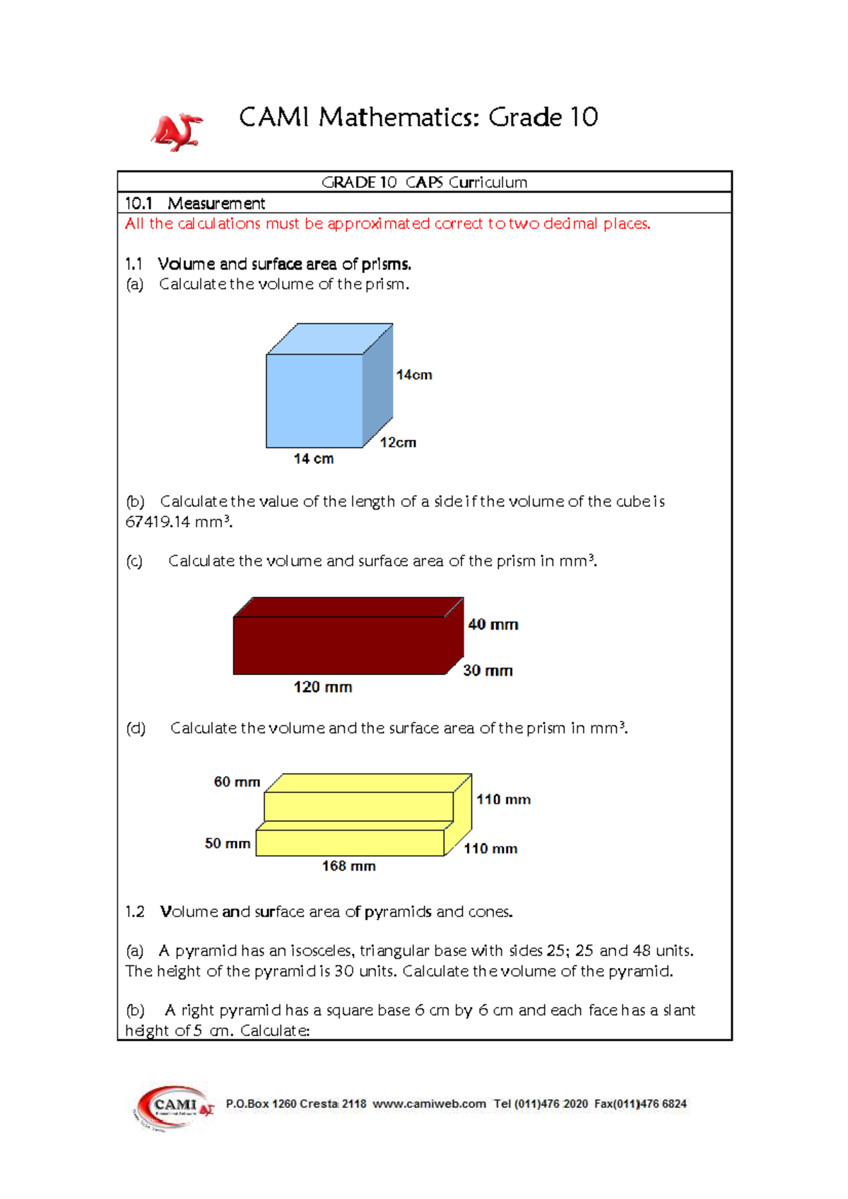 Grade 10.Volume and surface area - GRADE 10_CAPS CurriculumGRADE 10 ...