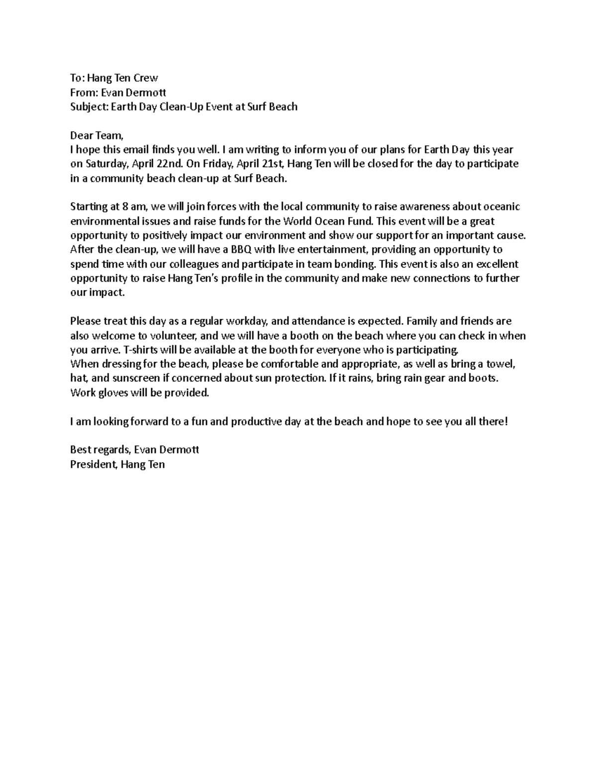Memo - memo - To: Hang Ten Crew From: Evan Dermot Subject: Earth Day ...