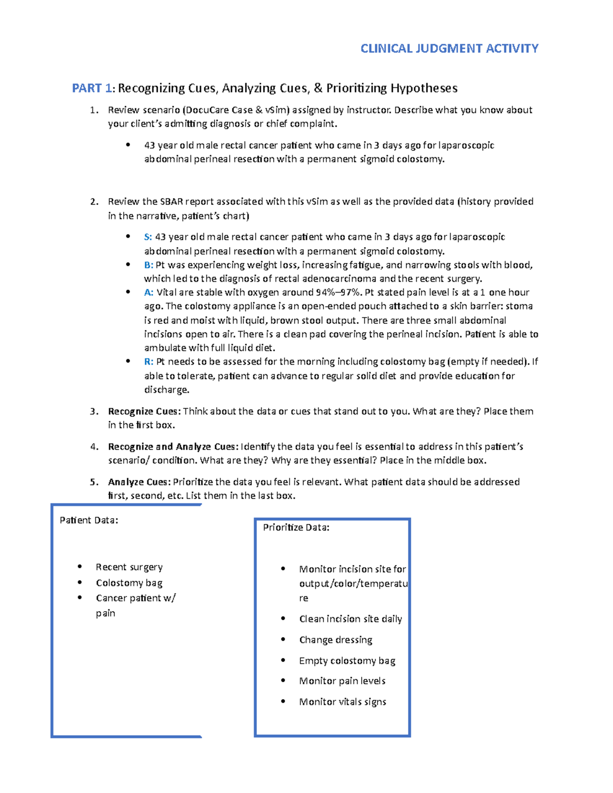 Pre-sim judgement worksheet - Sarah Lin - CLINICAL JUDGMENT ACTIVITY ...