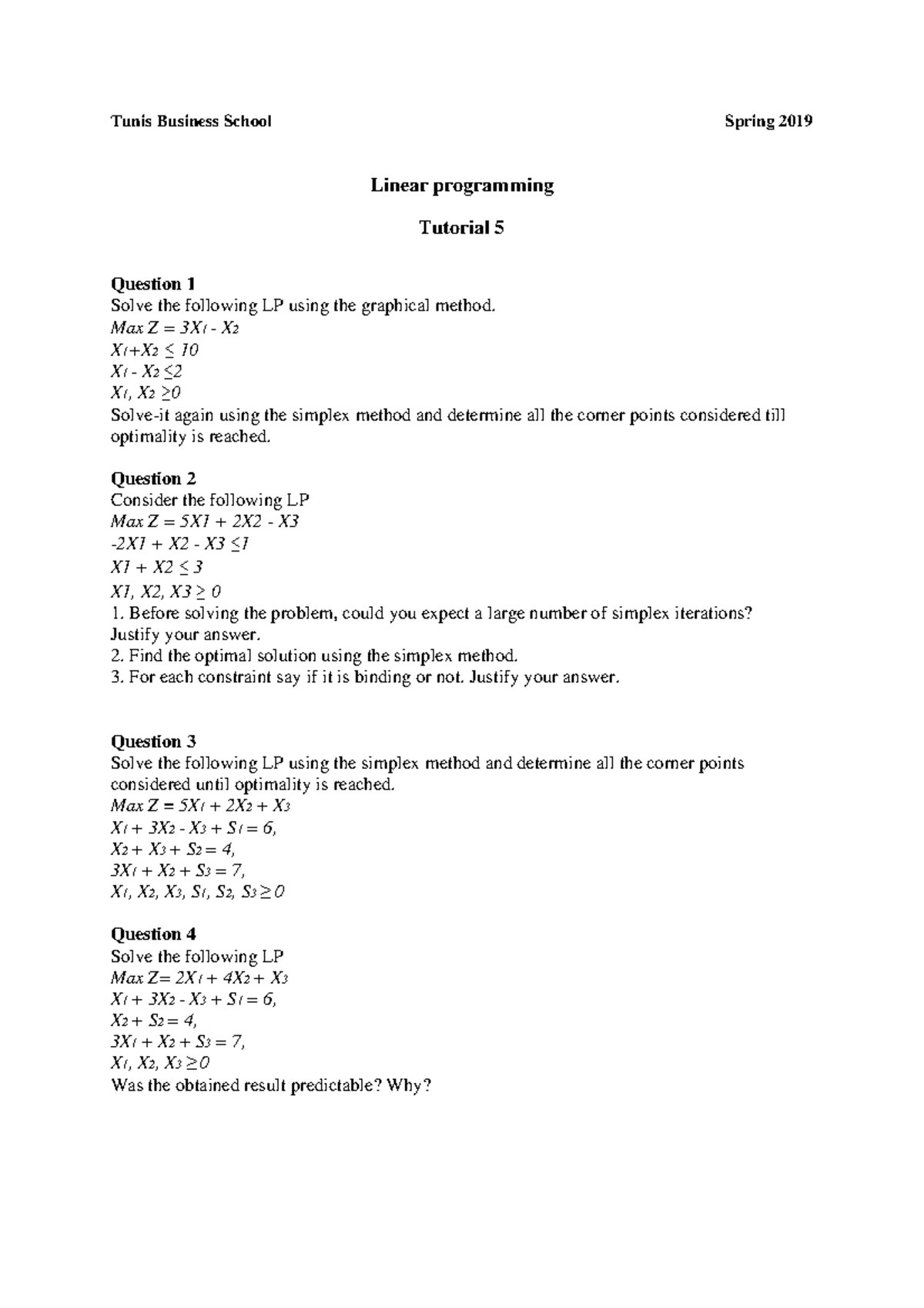 Tutorial 4 Simplex Method - Tunis Business School Spring 2019 Linear programming Tutorial 5 ...