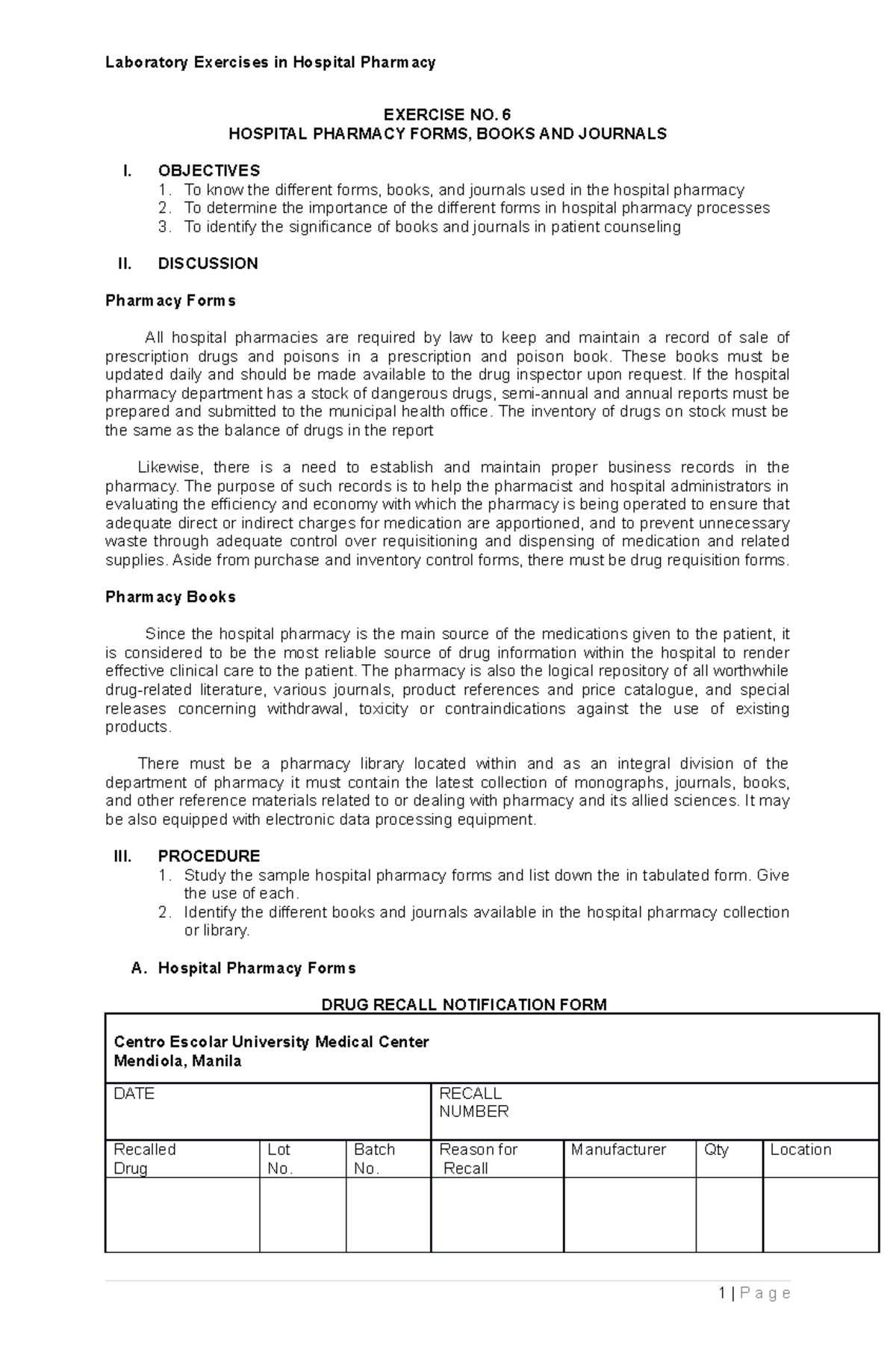 Exercises-6-12 Hospital-Pharmacy - EXERCISE NO. 6 HOSPITAL PHARMACY ...