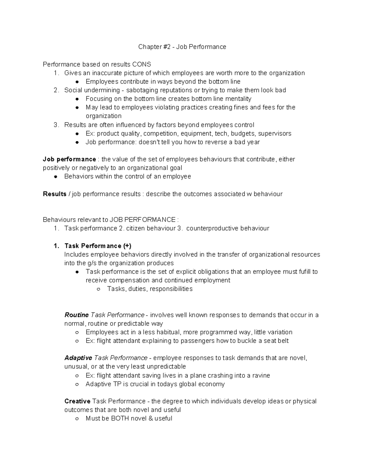 Chapter #2 - Job Performance - Chapter #2 - Job Performance Performance based on results CONS ...