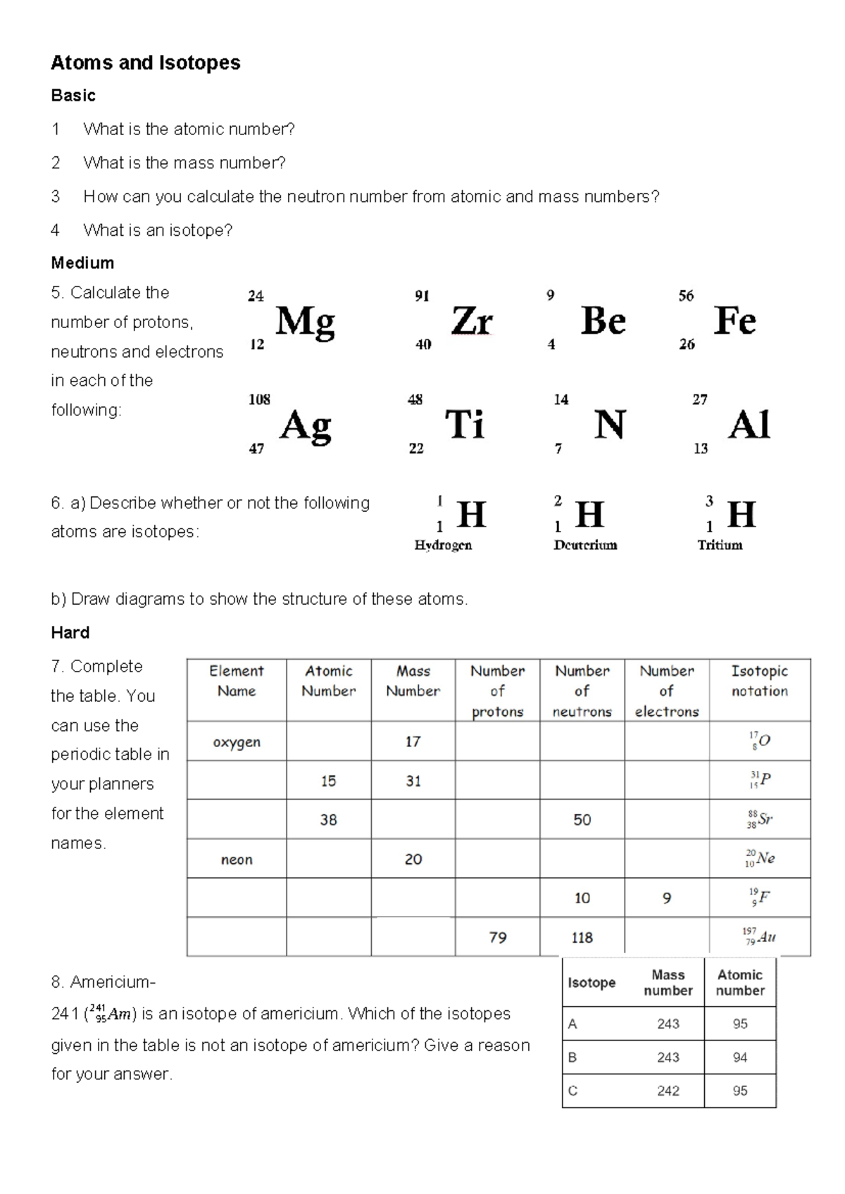 Atoms and isotopes worksheet - Atoms and Isotopes Basic 1 What is the ...