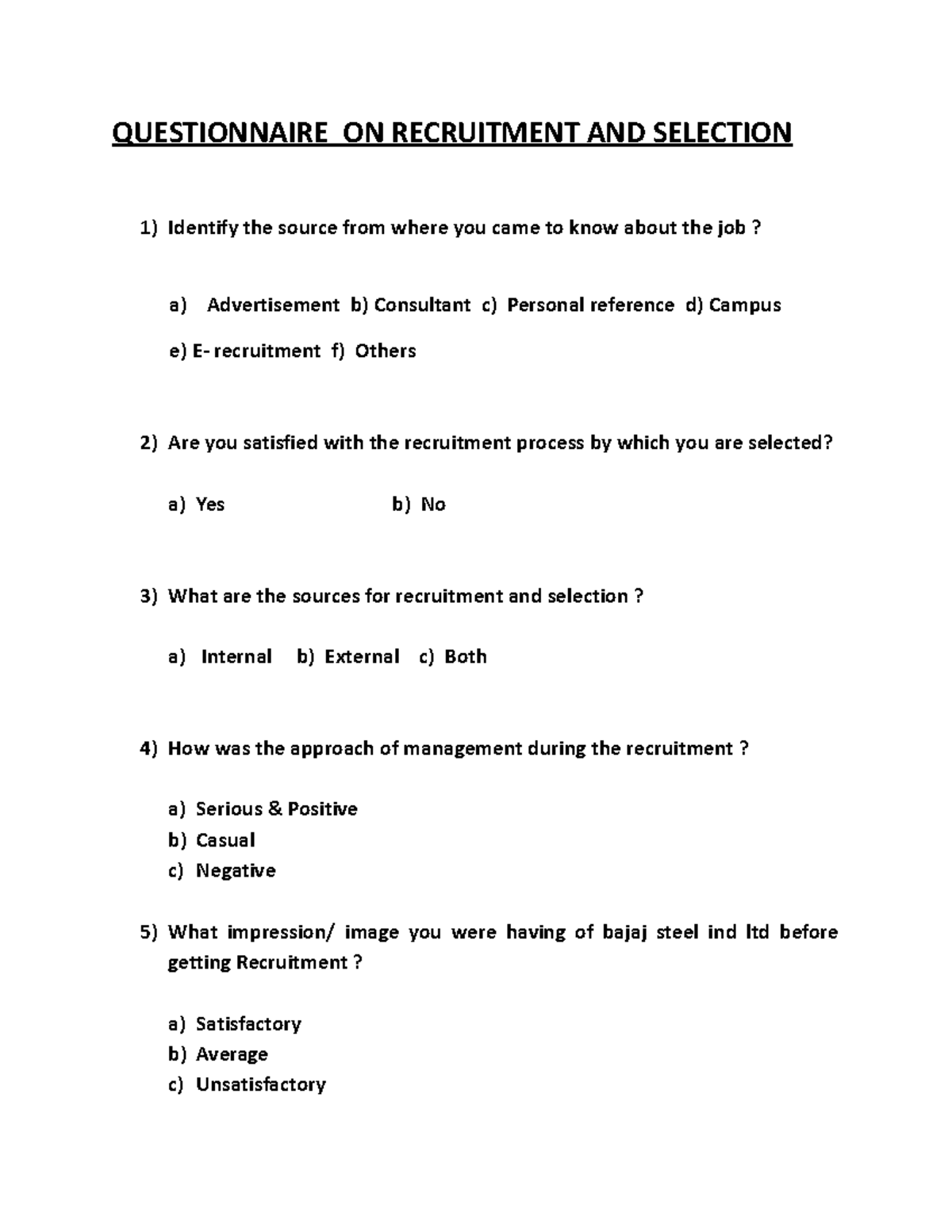 Questionnaire ON Recruitment AND Selecti - QUESTIONNAIRE ON RECRUITMENT ...