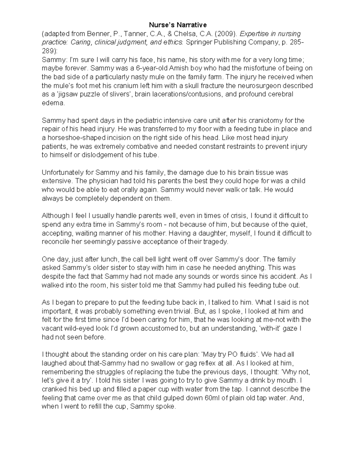 Nurses Narrative - PBL - Nurse’s Narrative (adapted from Benner, P ...