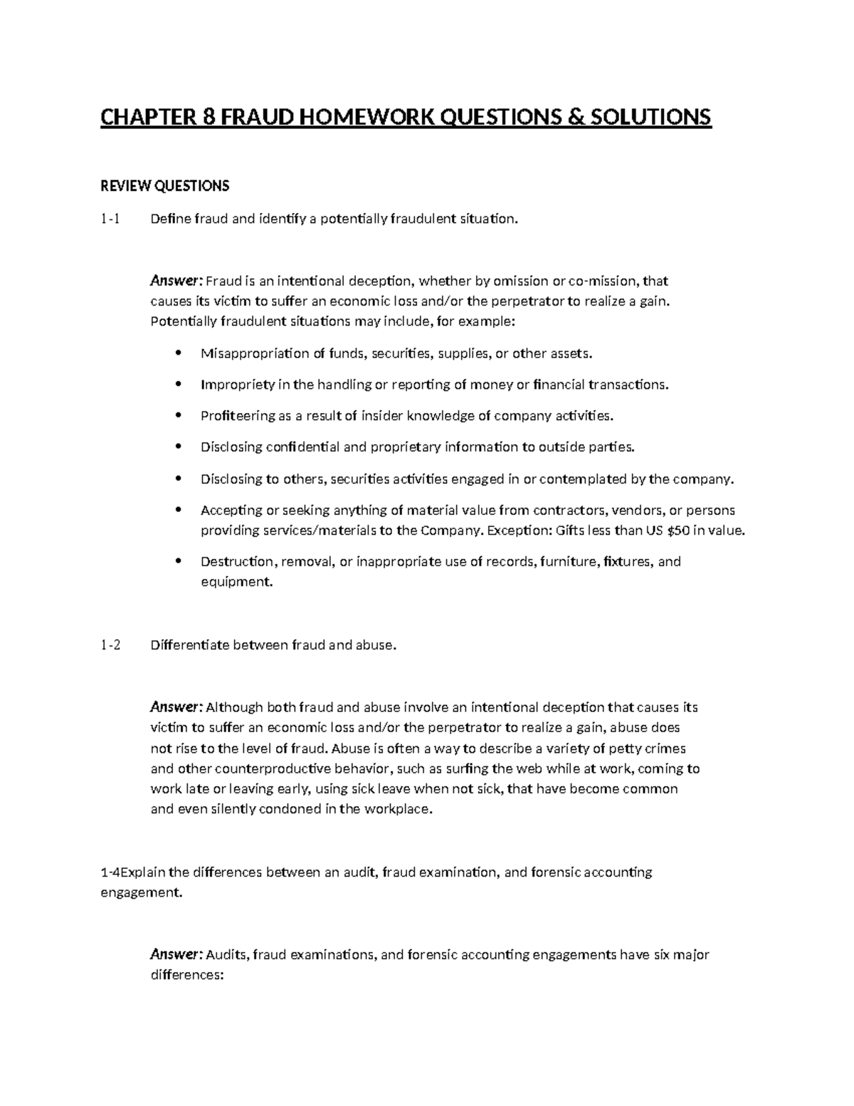 Chapter 8 Fraud Solutions WORD DOC - CHAPTER 8 FRAUD HOMEWORK QUESTIONS ...