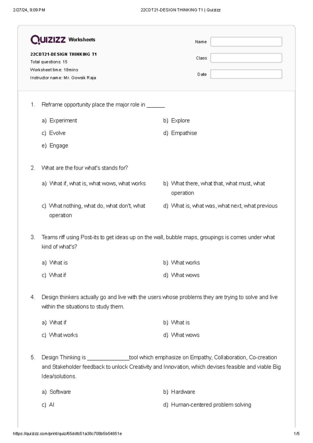 22CDT21- Design Thinking T1 Quizizz - Worksheets 22CDT21-DESIGN ...