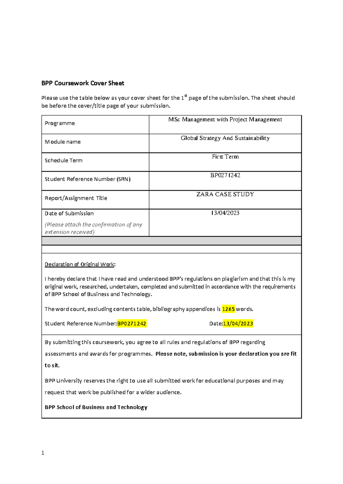 Global strategy and sustainability - BPP Coursework Cover Sheet Please use the table below as ...