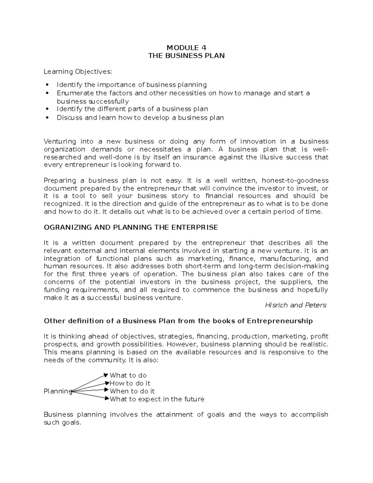 Module+4 - ded - MODULE 4 THE BUSINESS PLAN Learning Objectives ...