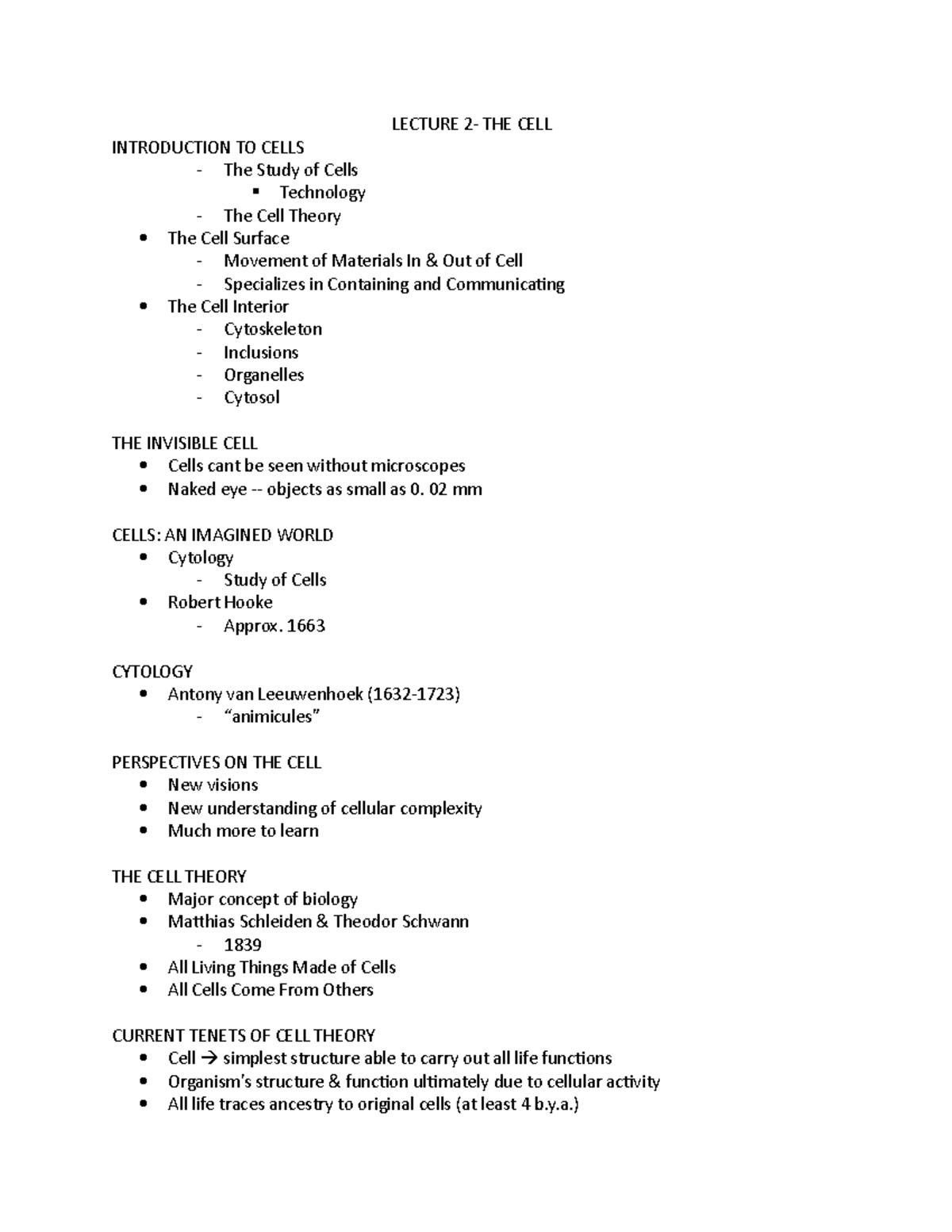 Lecture 2 The cell - LECTURE 2- THE CELL INTRODUCTION TO CELLS The ...