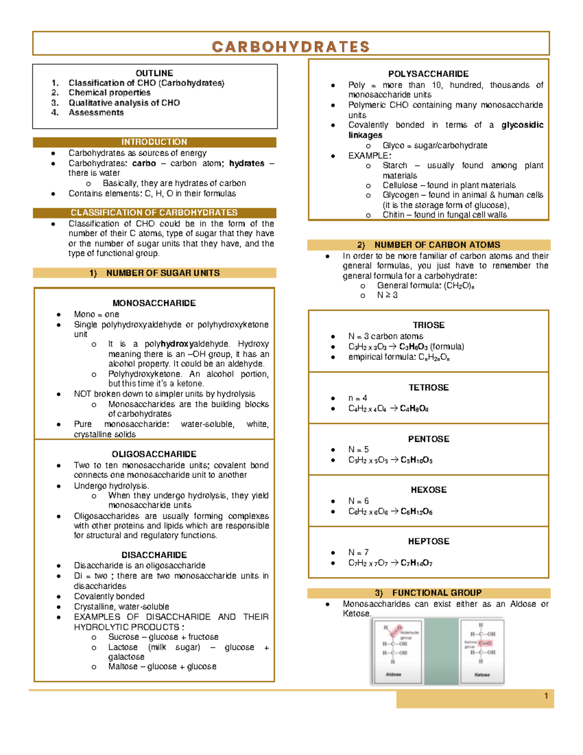 Carbohydrates - Lecture notes 1-3 - OUTLINE 1. Classification of CHO ...
