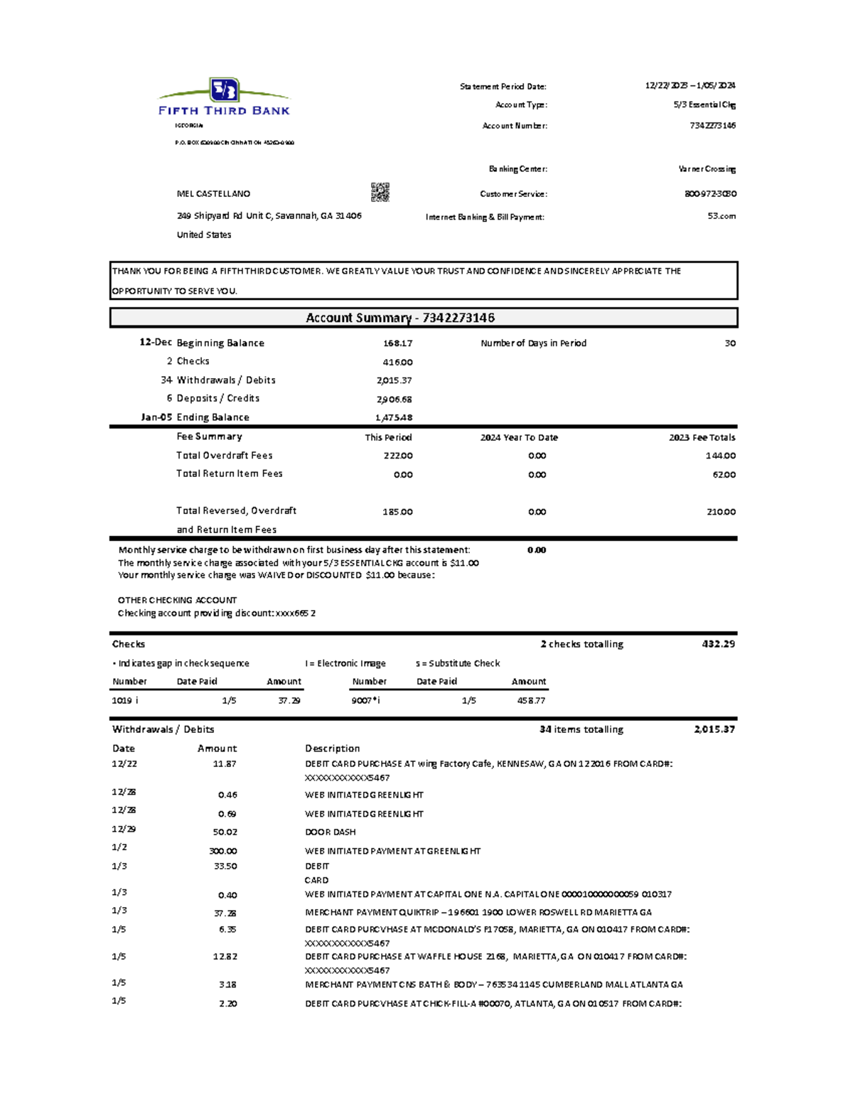MEL Castellano 53RD BANK Statement - Statement Period Date: 12/22/2023 ...