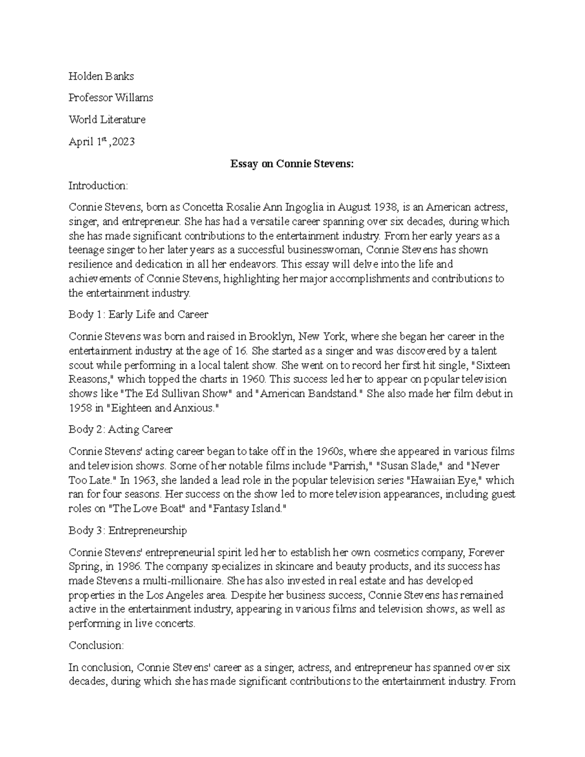 Essay on Connie Stevens - Holden Banks Professor Willams World ...