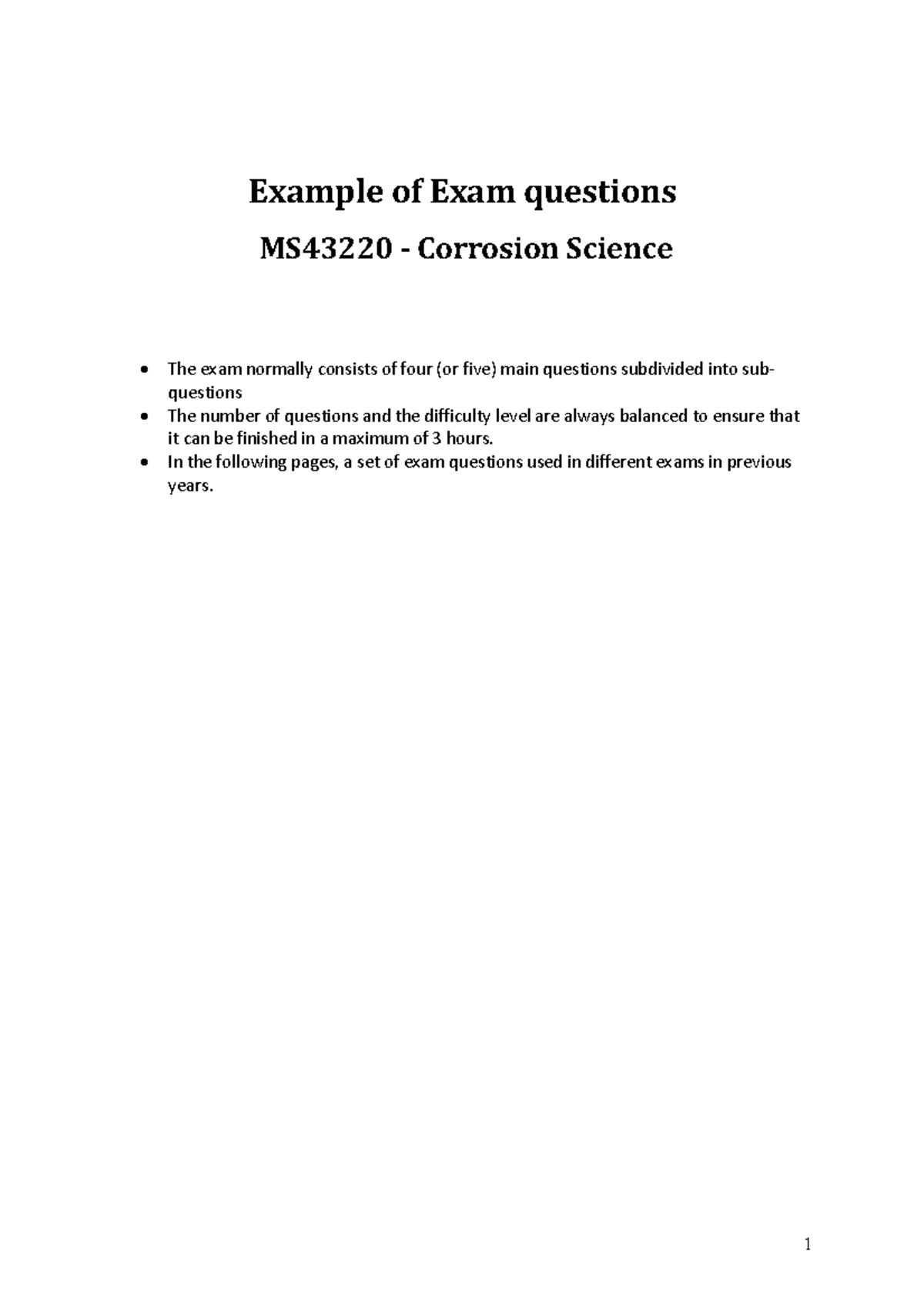 Example Exam Questions - Exam ple of Exam questions MS43220 - Corrosion ...
